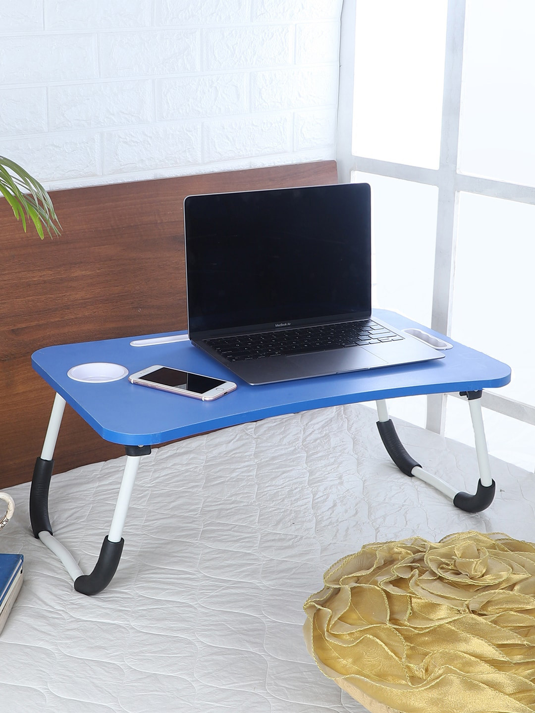 Buy CDI Blue Solid Wooden Laptop Table With Cup Holder - Laptop Table ...