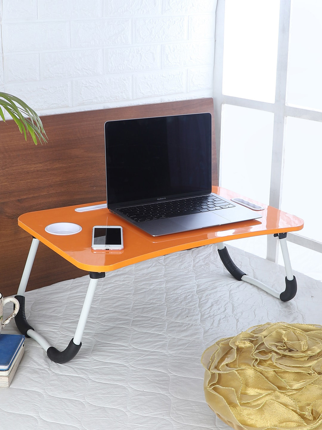 Buy CDI Orange Solid Wooden Laptop Table With Cup Holder - Laptop Table ...
