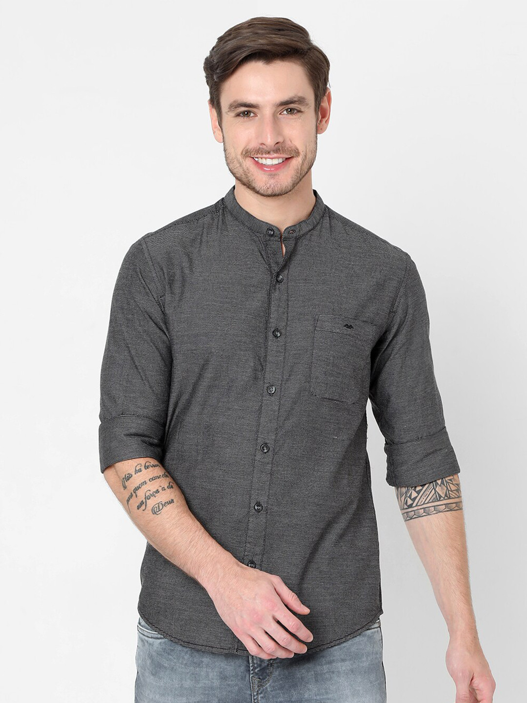 Buy Mufti Men Black Slim Fit Cotton Casual Shirt - Shirts for Men ...