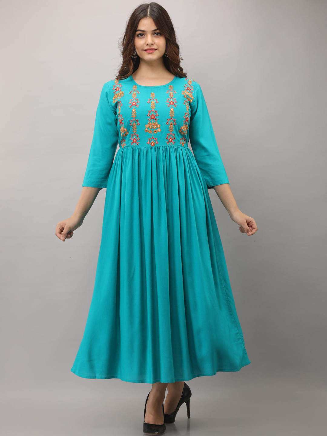 Buy Women Touch Turquoise Blue Embroidered Thread Work A Line Kurta ...