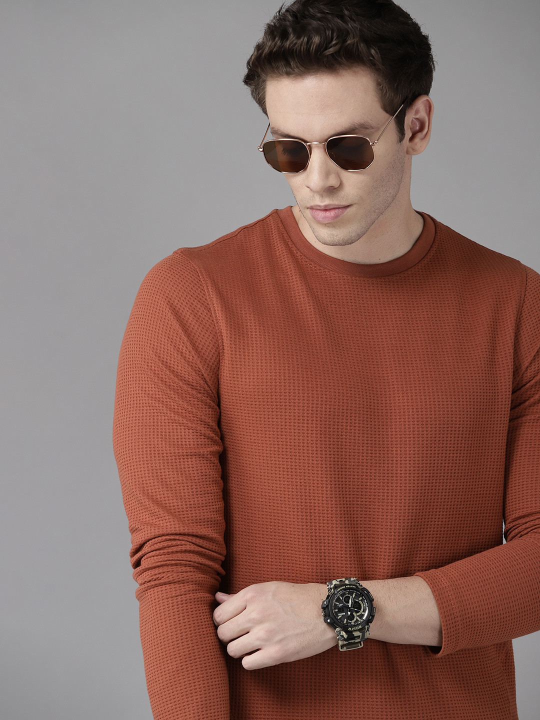 Buy Roadster Men Rust Orange Checked Waffle Weave T Shirt - Tshirts for ...