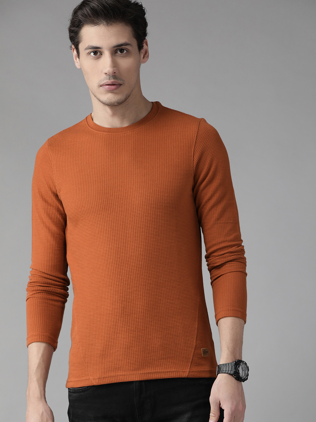 Buy The Roadster Lifestyle Co Men Rust Orange Waffle Texture T Shirt ...