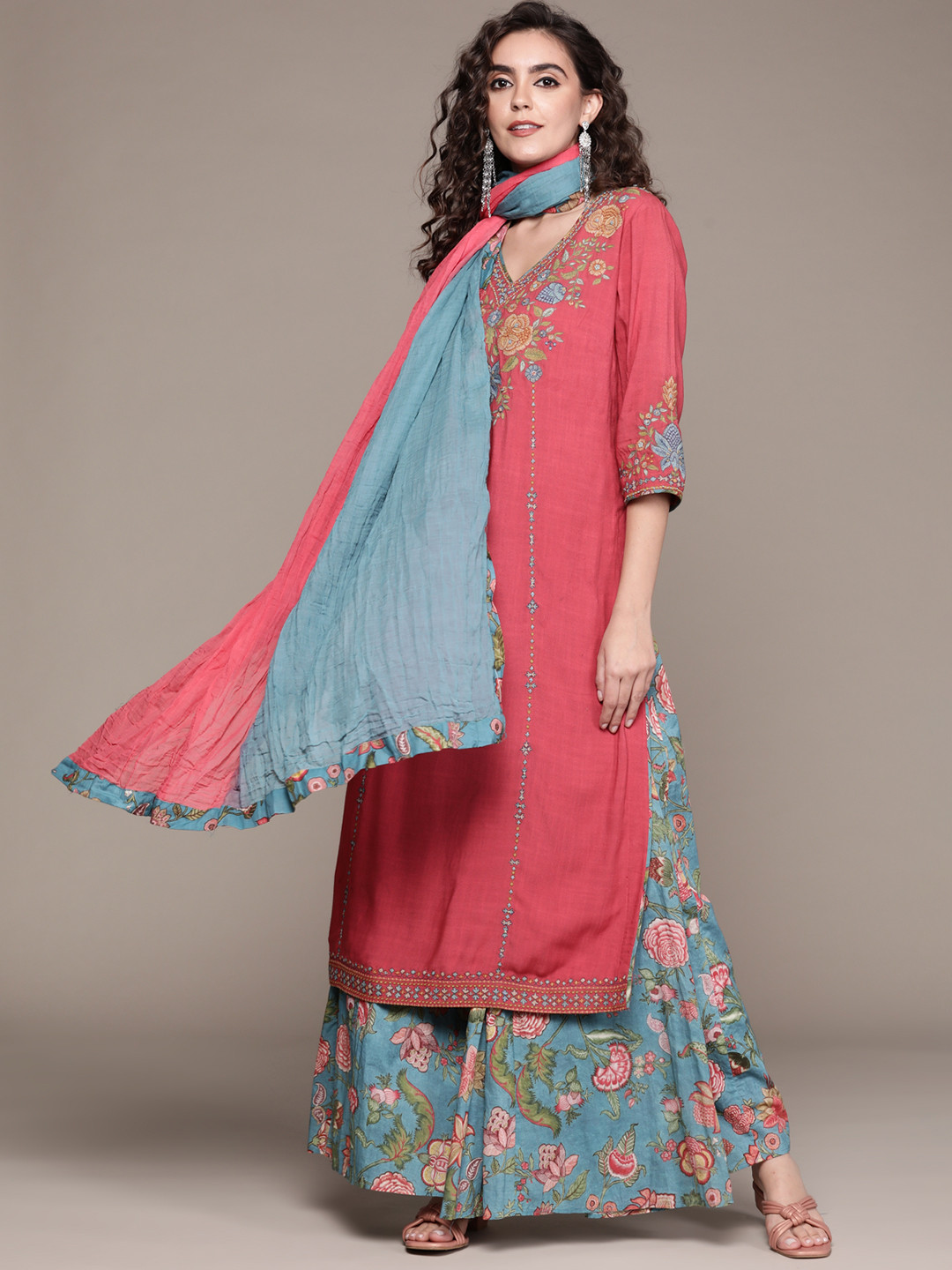Buy Ritu Kumar Women Rust Red & Blue Floral Embroidered Kurta With ...