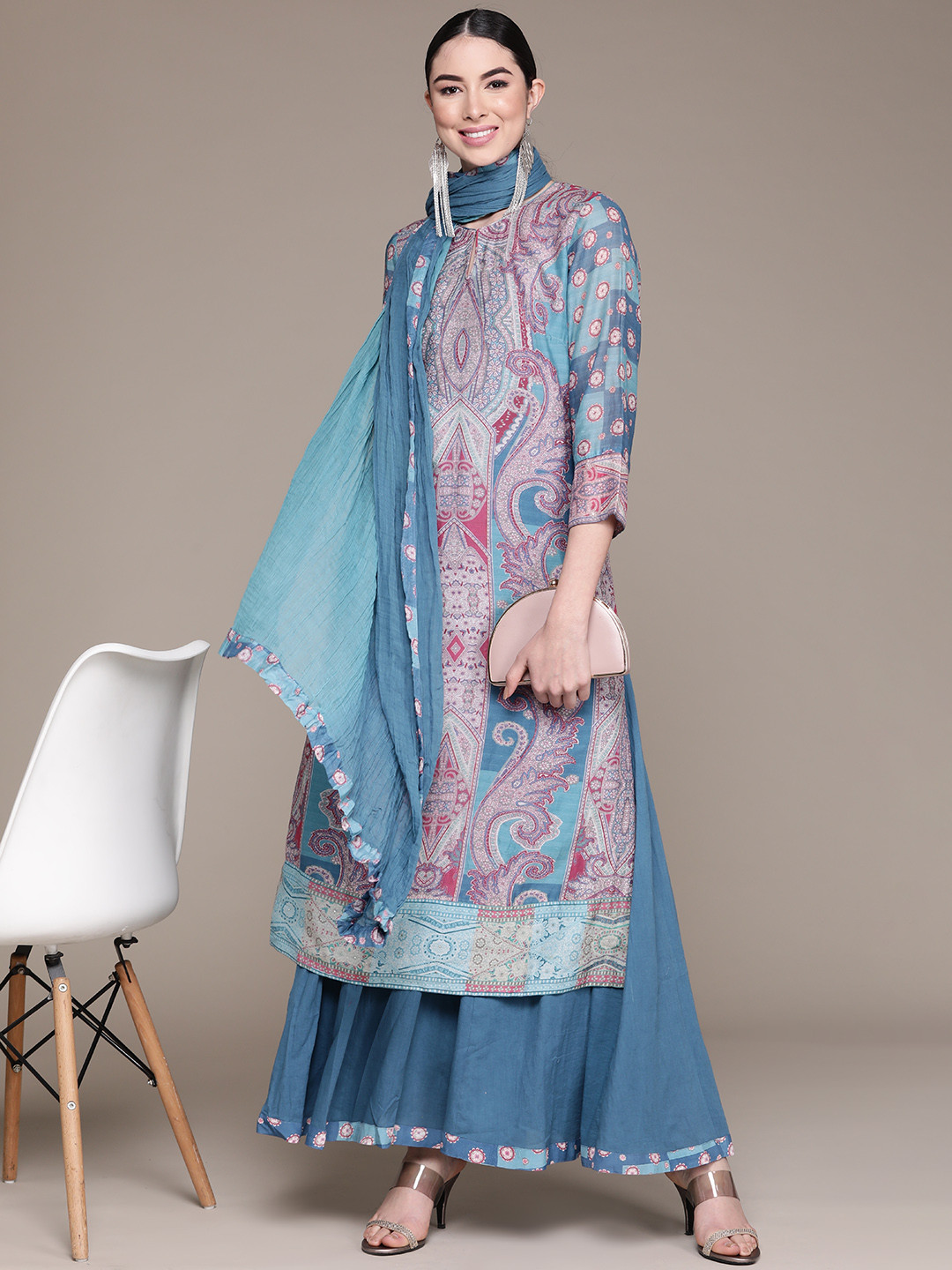Buy Ritu Kumar Women Blue Ethnic Motifs Print Mirror Work Kurta With Sharara & Dupatta - Kurta ...