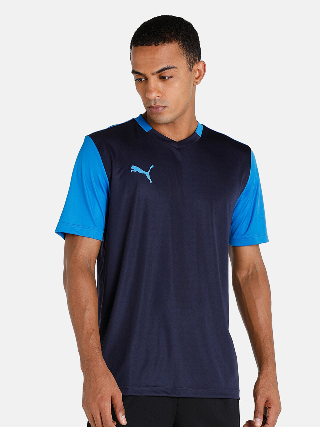 Buy Puma Men Blue & Navy Blue Colourblocked V Neck T Shirt - Tshirts ...