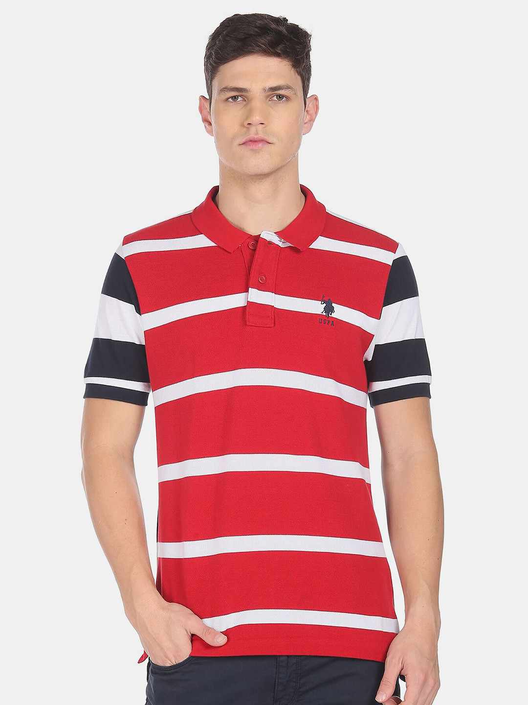 Buy U.S. Polo Assn. Men Red & White Striped Polo Collar Pure Cotton T ...