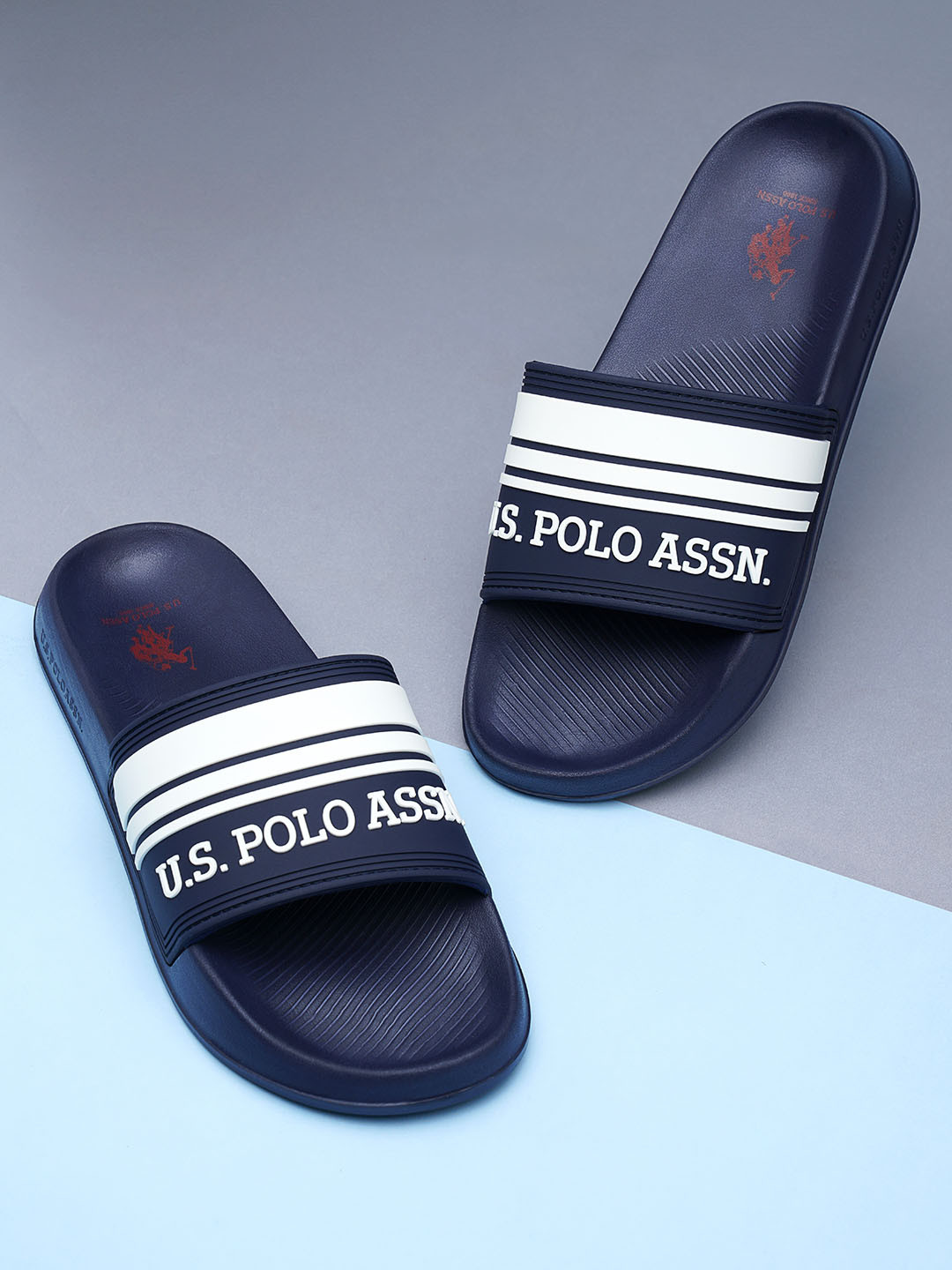 Buy U S Polo Assn Men Blue & White Printed Sliders - Flip Flops for Men ...