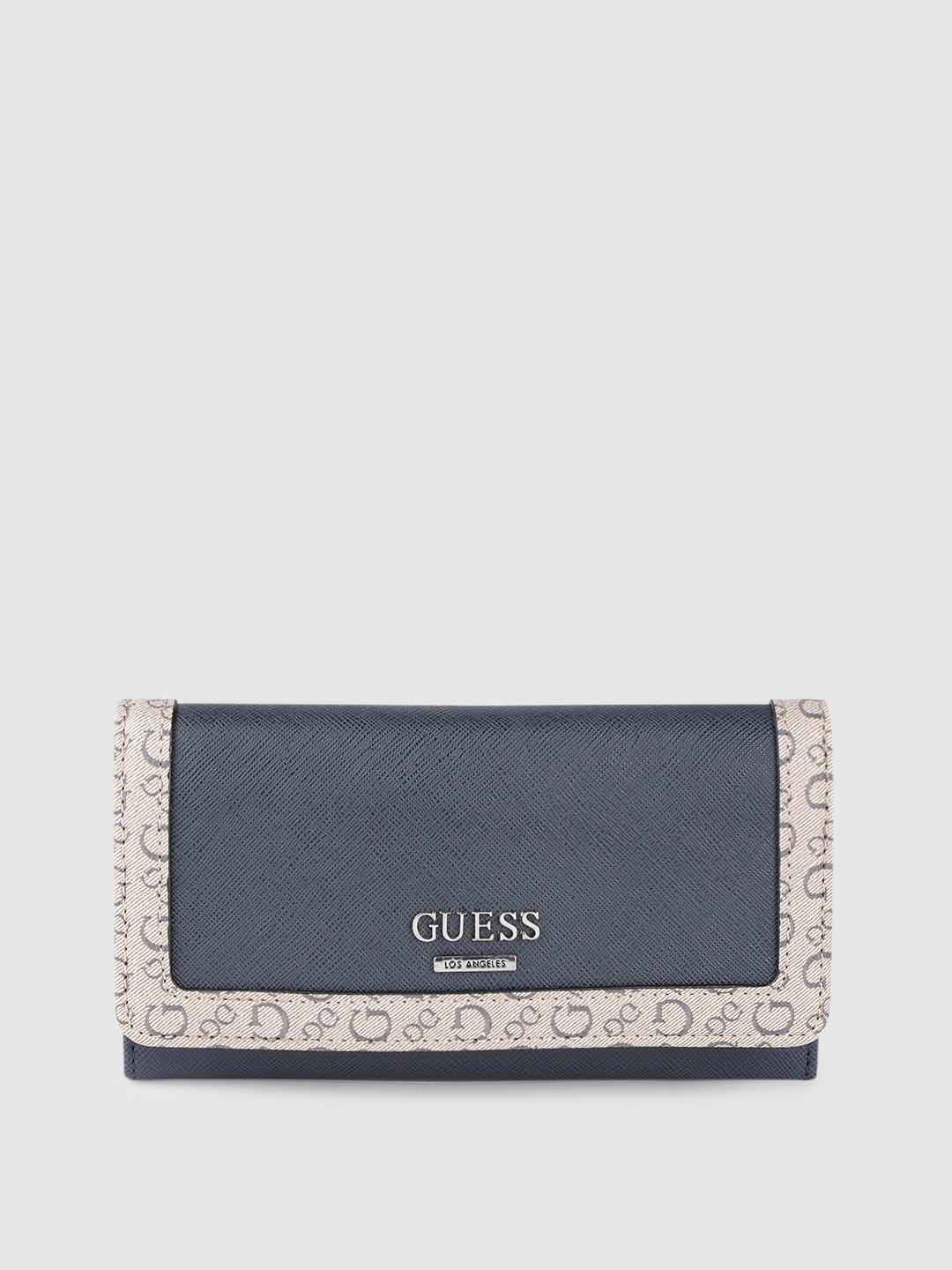 Buy GUESS Women Navy Blue & Cream Coloured Saffiano Textured Three Fold ...