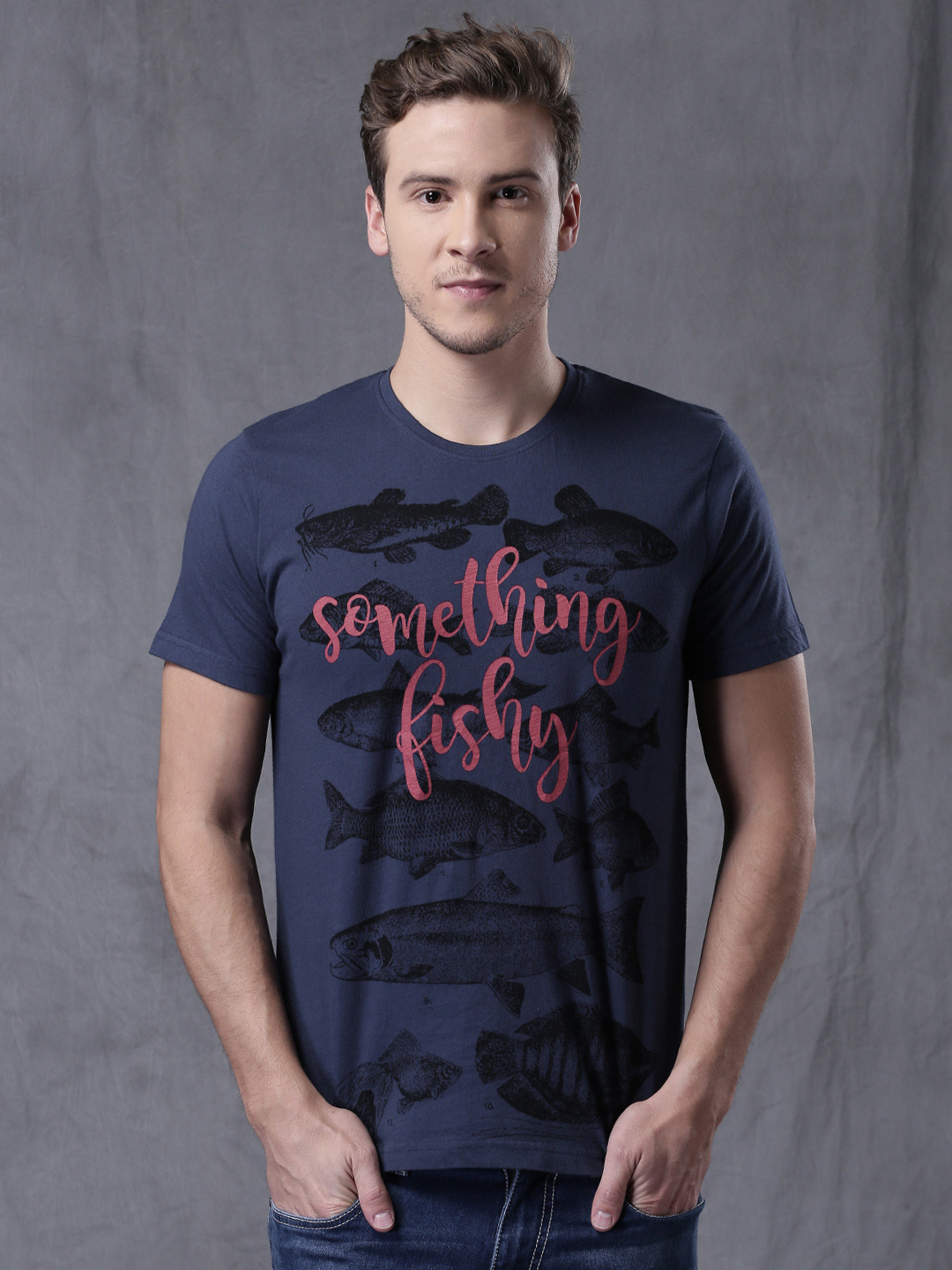 Buy WROGN Men Navy Blue Printed Round Neck Pure Cotton T Shirt ...