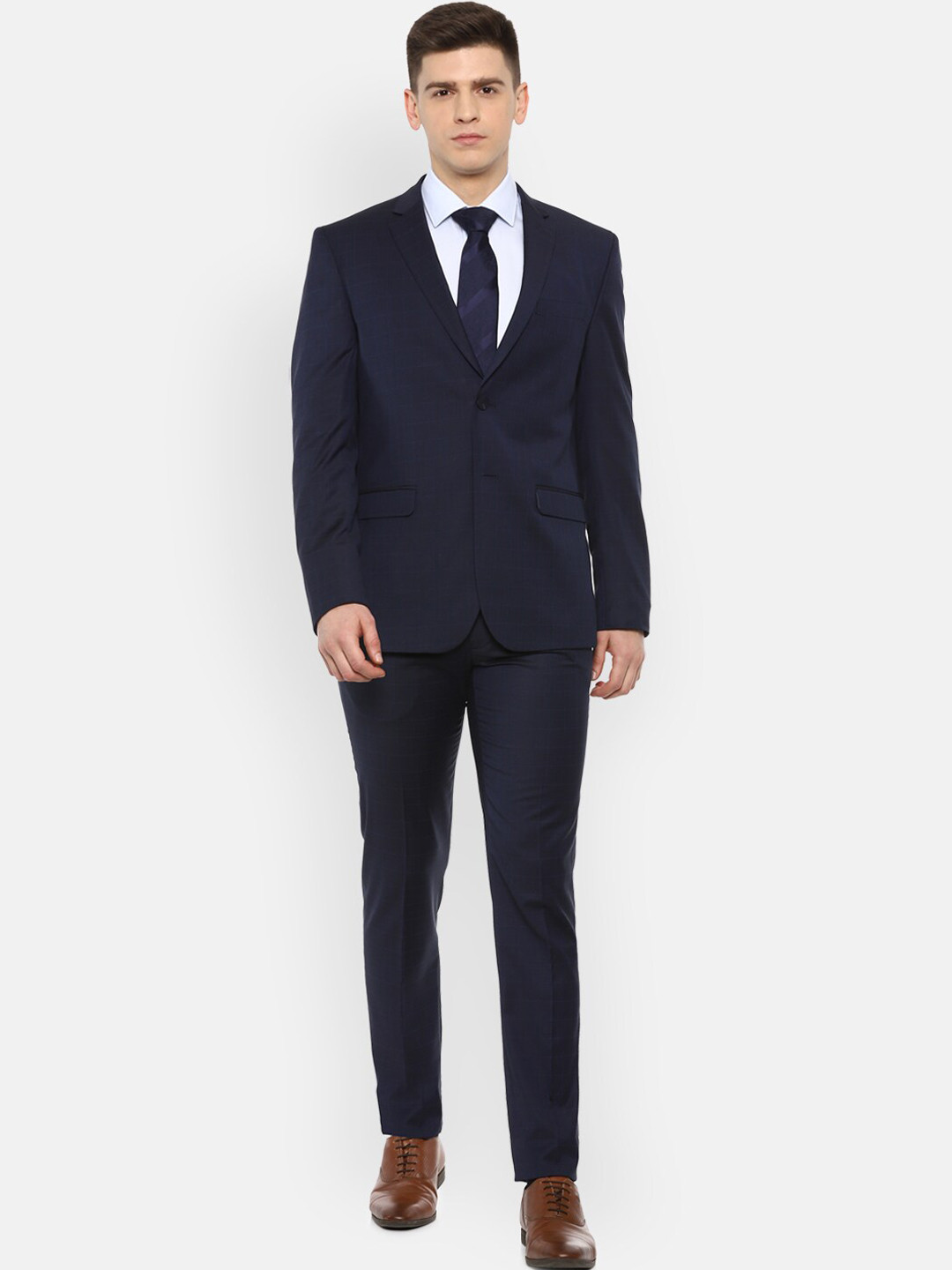 Buy Van Heusen Men Navy Blue Solid Single Breasted Slim Fit Two Piece ...