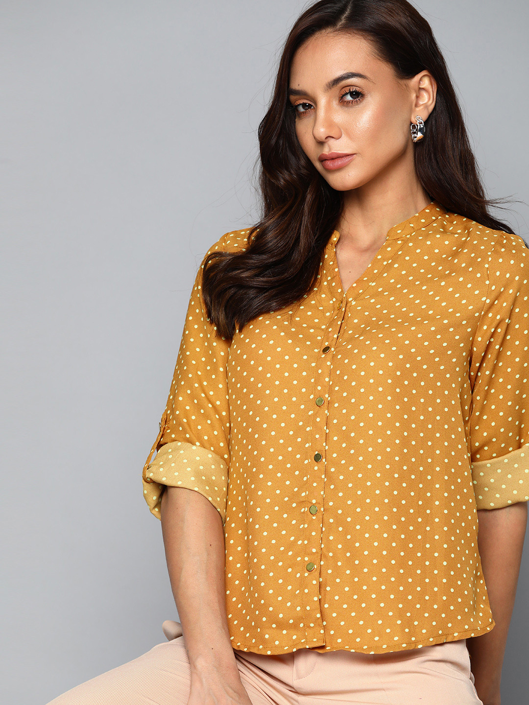 Buy Chemistry Women Mustard Yellow Polka Dot Printed Casual Shirt ...