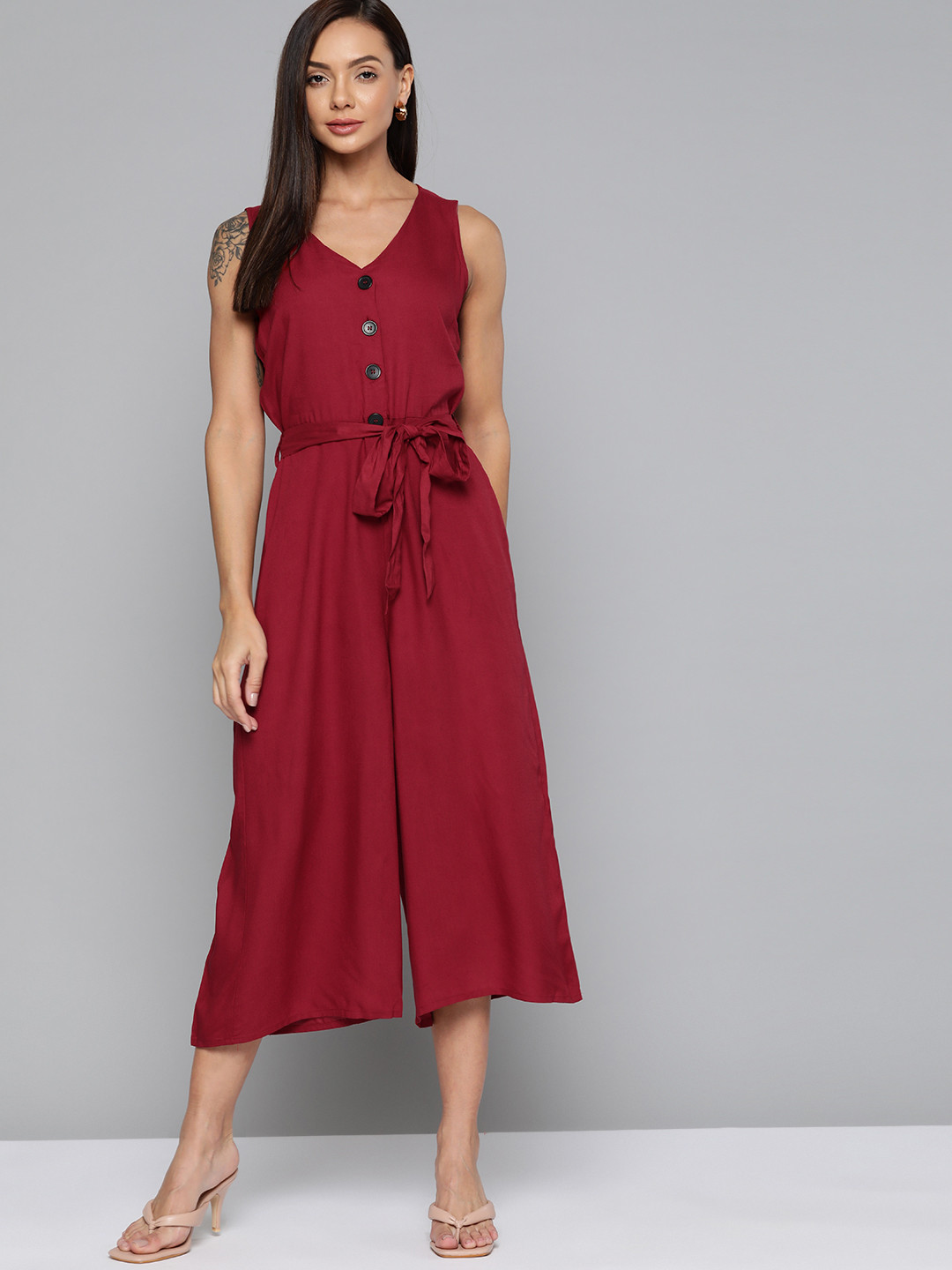 Buy Chemistry Maroon Solid Culotte Jumpsuit With Belt - Jumpsuit for ...