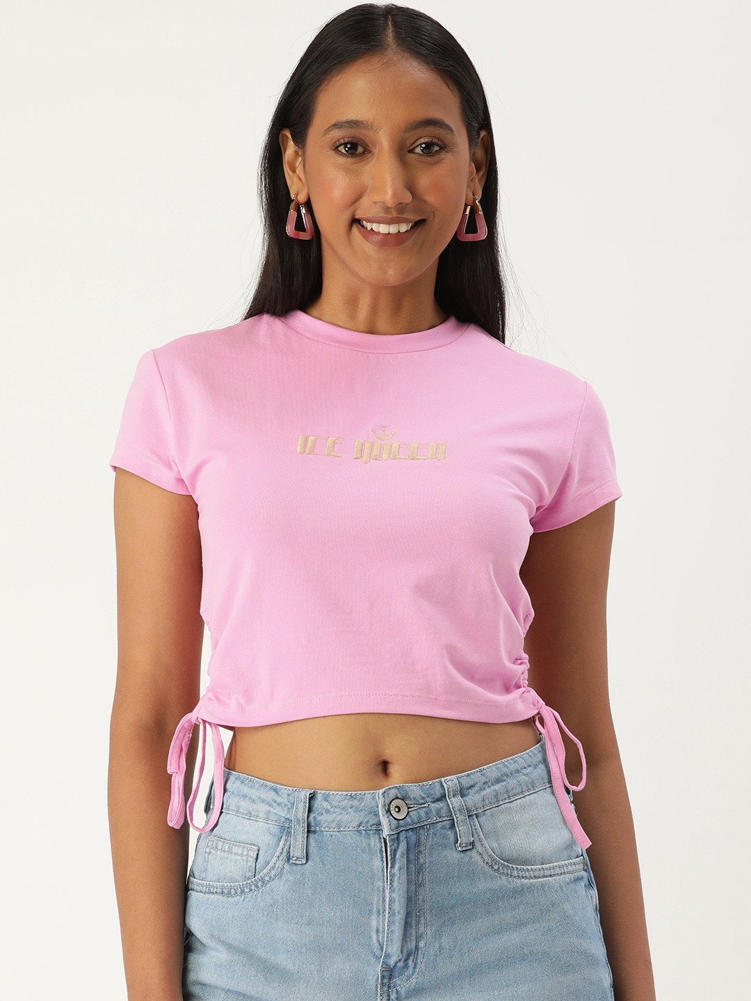 Buy FOREVER 21 Pink Embroidered Tie Up Detailed Crop Top - Tops for ...
