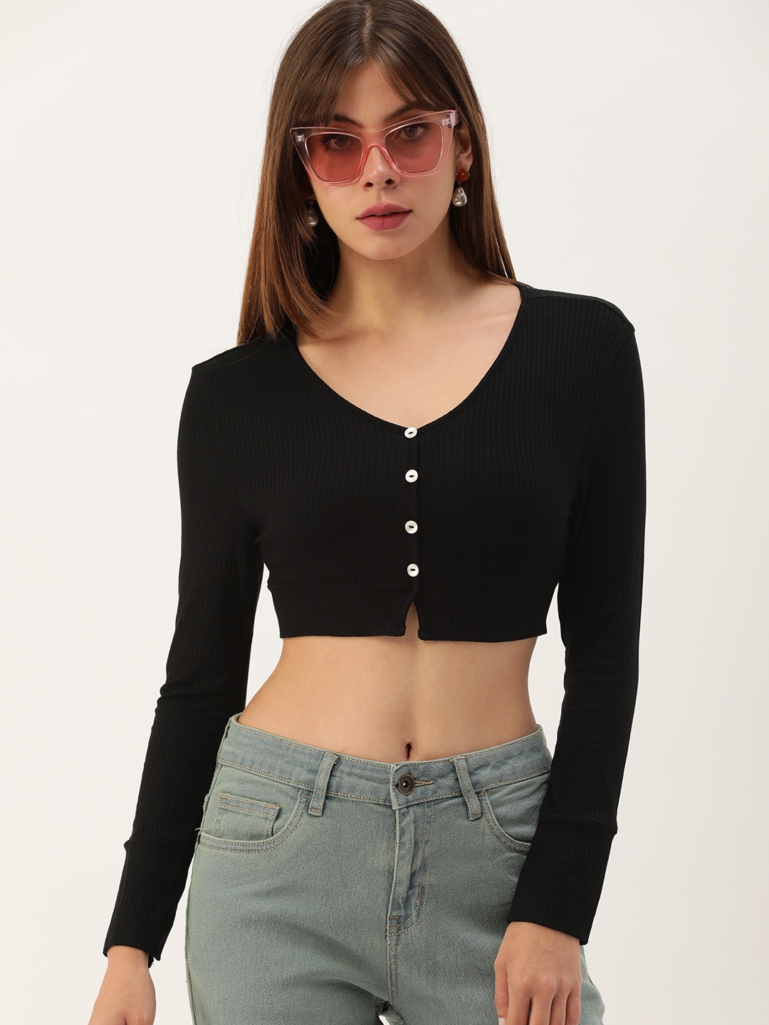 Buy Forever 21 Women Black Self Designed Casual Crop Top Tops For