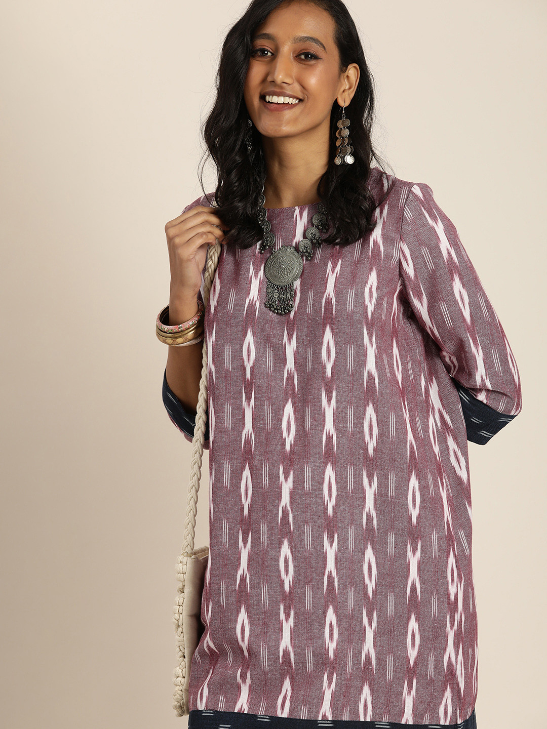 Buy Taavi Women Mauve & Navy Blue Ikat Printed A Line Dress - Ethnic ...