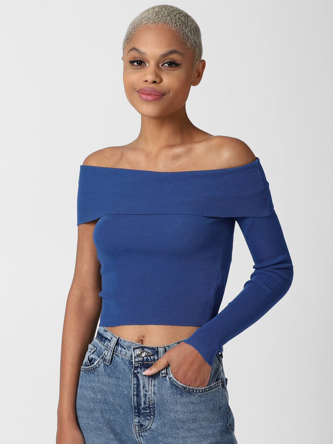 Buy FOREVER 21 Blue Solid Off Shoulder Blouson Crop Top - Tops for ...