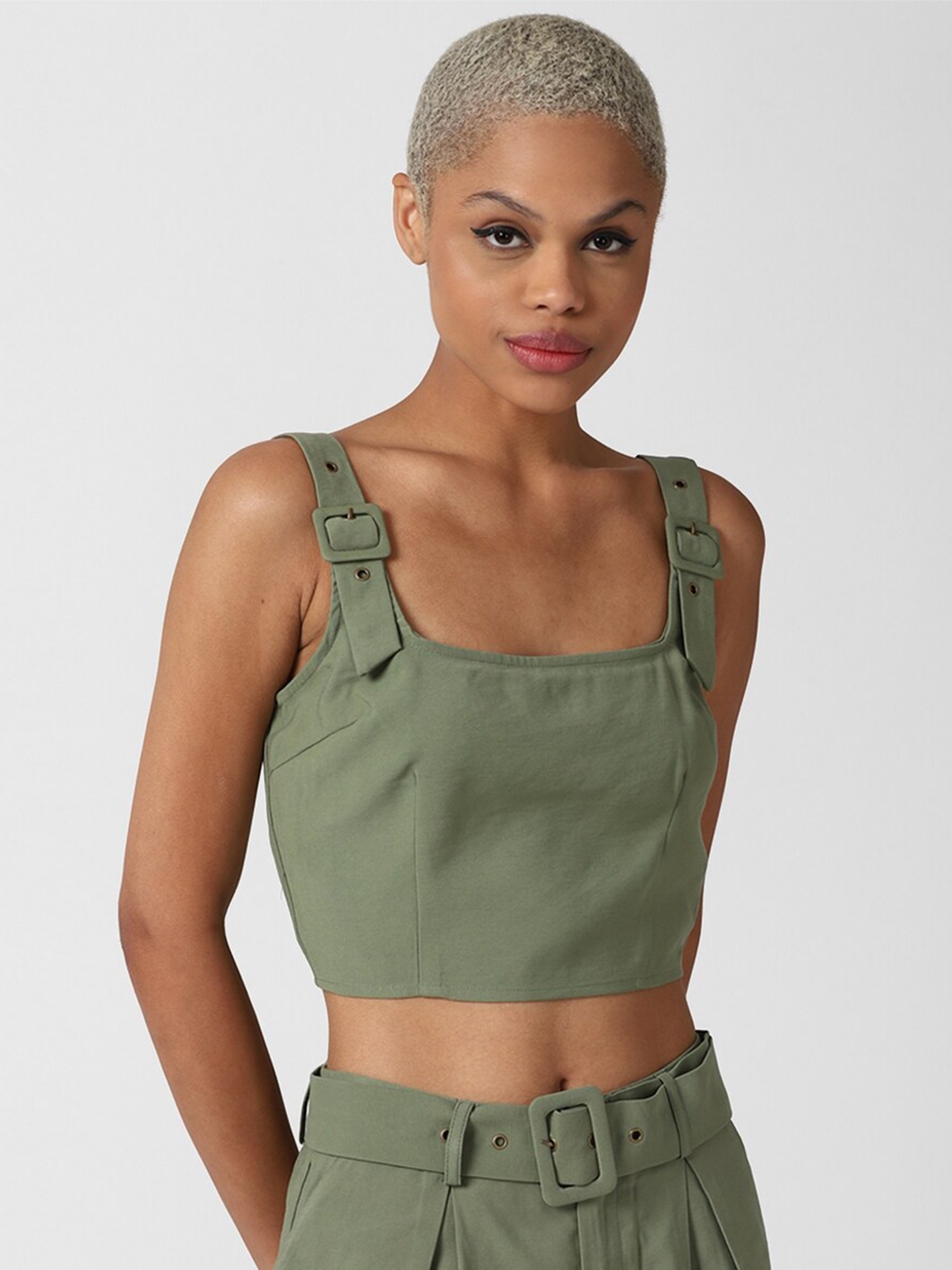 Buy Forever 21 Olive Green Solid Fitted Crop Top Tops For Women