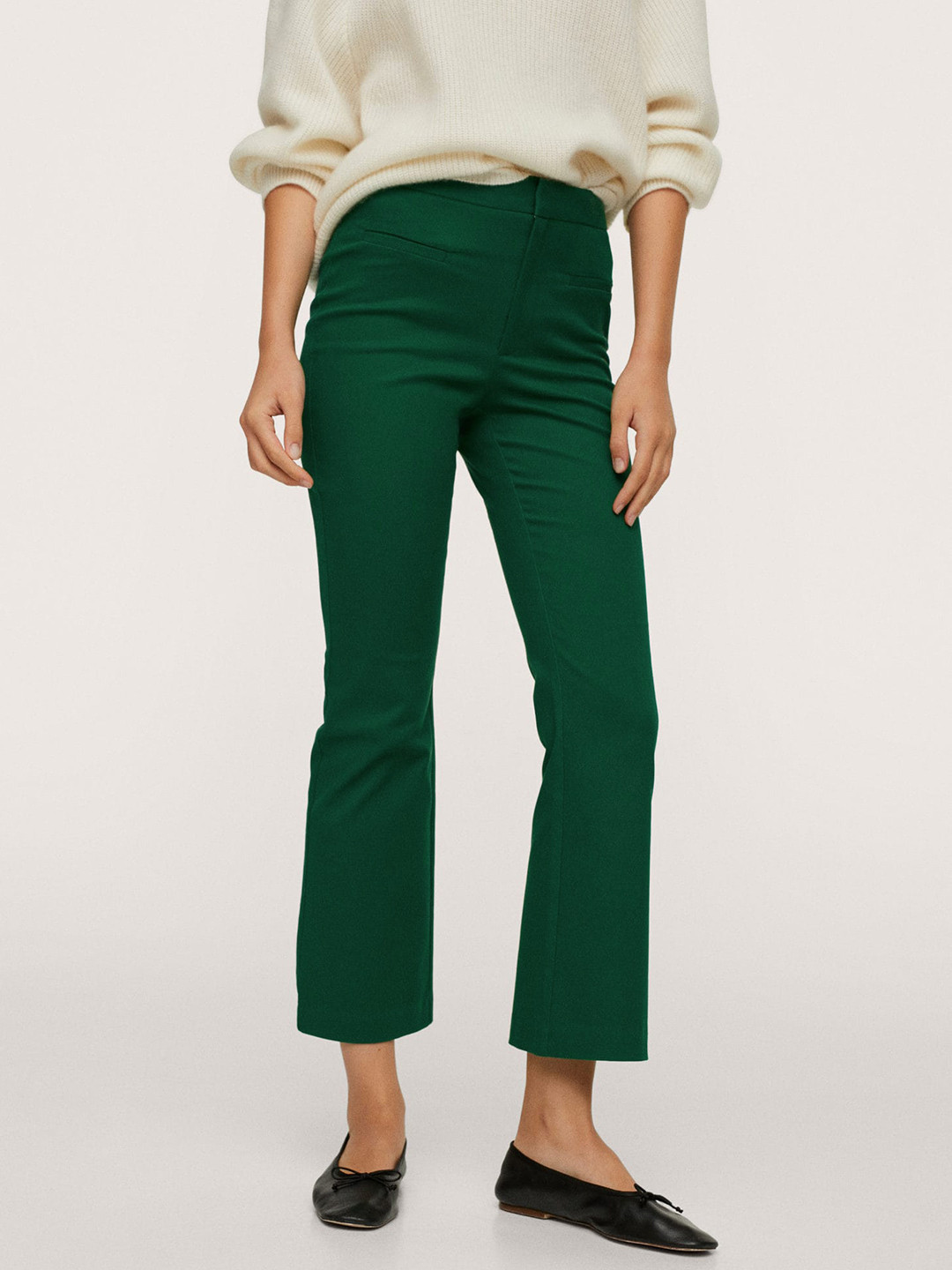 Buy MANGO Women Green Solid Flared Trousers - Trousers for Women ...