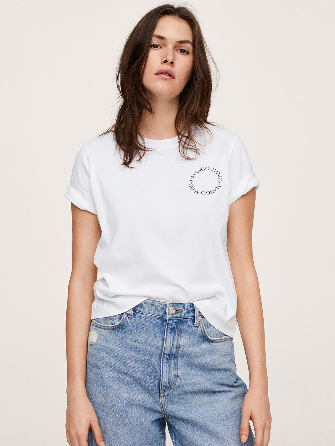 Buy MANGO Women White Brand Logo Printed Pure Cotton T Shirt - Tshirts ...