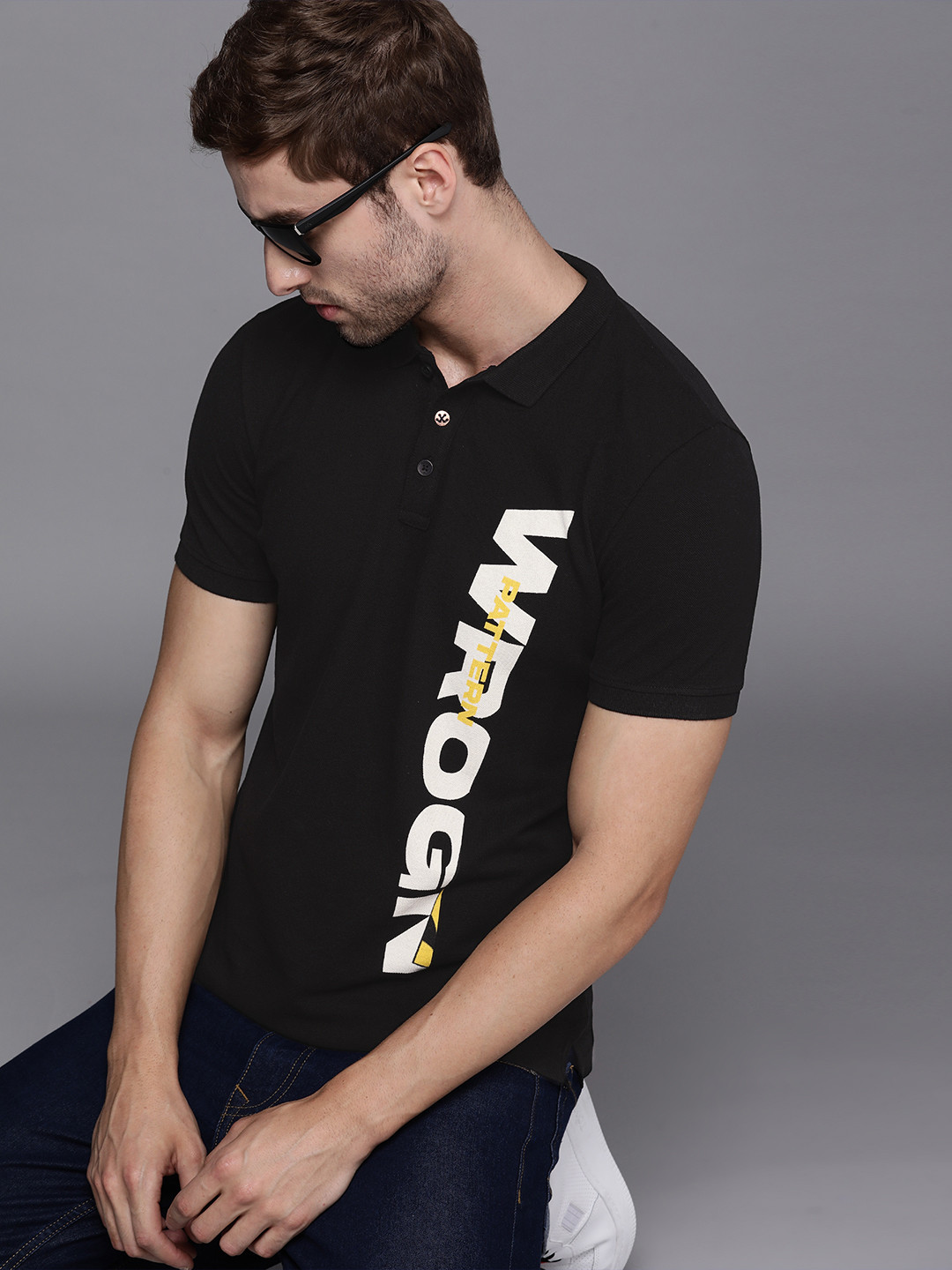 Buy WROGN Men Black Brand Logo Printed Slim Fit Pure Cotton T Shirt ...