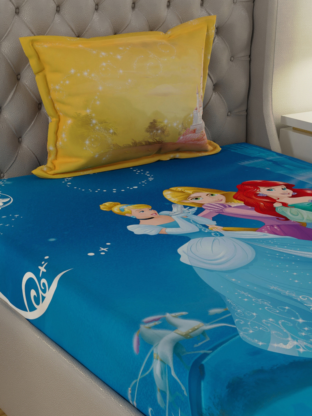 Buy Disney Blue & Yellow Disney Princess 180 TC Single Bedsheet With 1 ...
