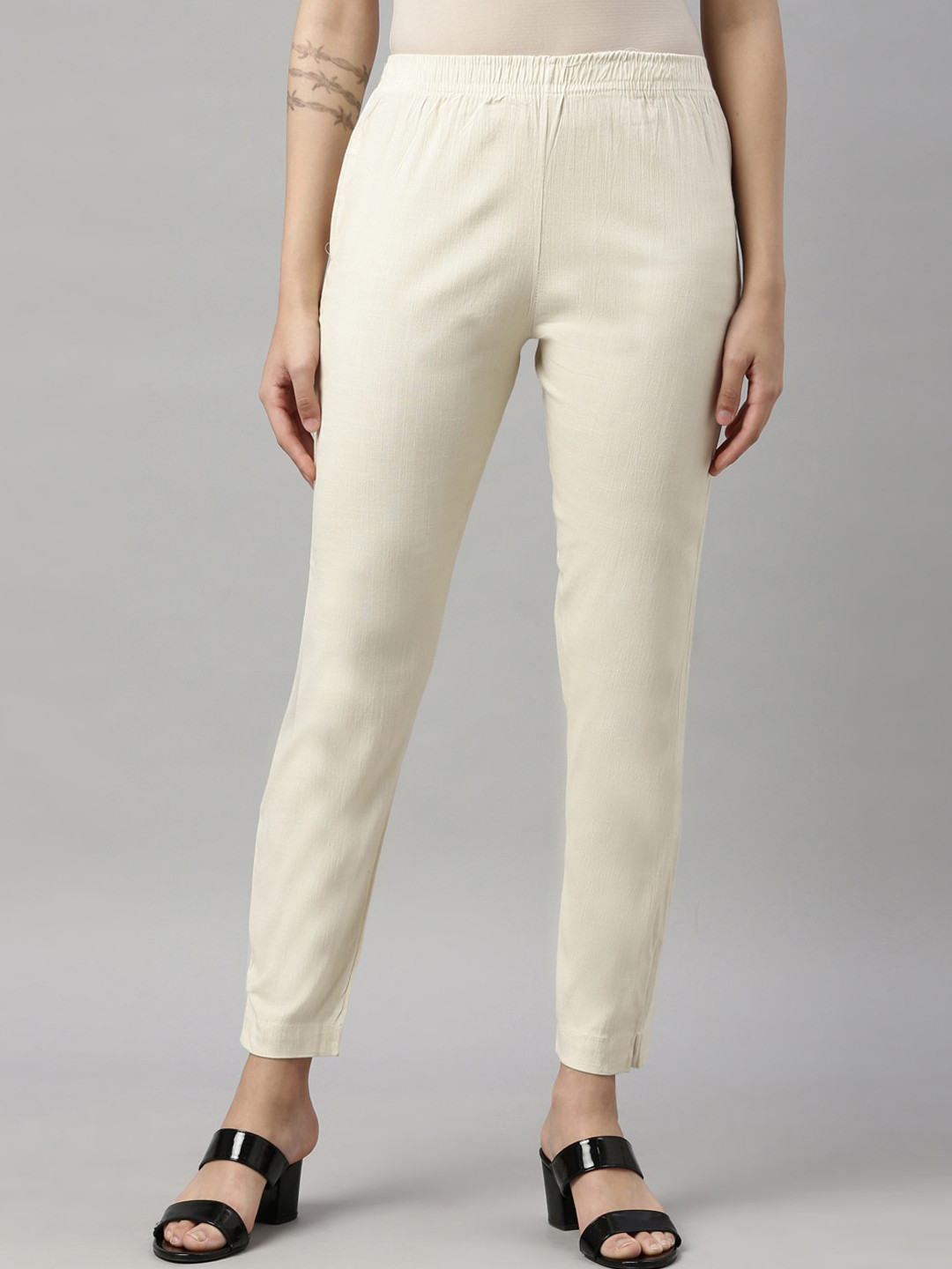 Buy GOLDSTROMS Women Cream Coloured Cotton Cigarette Trousers ...