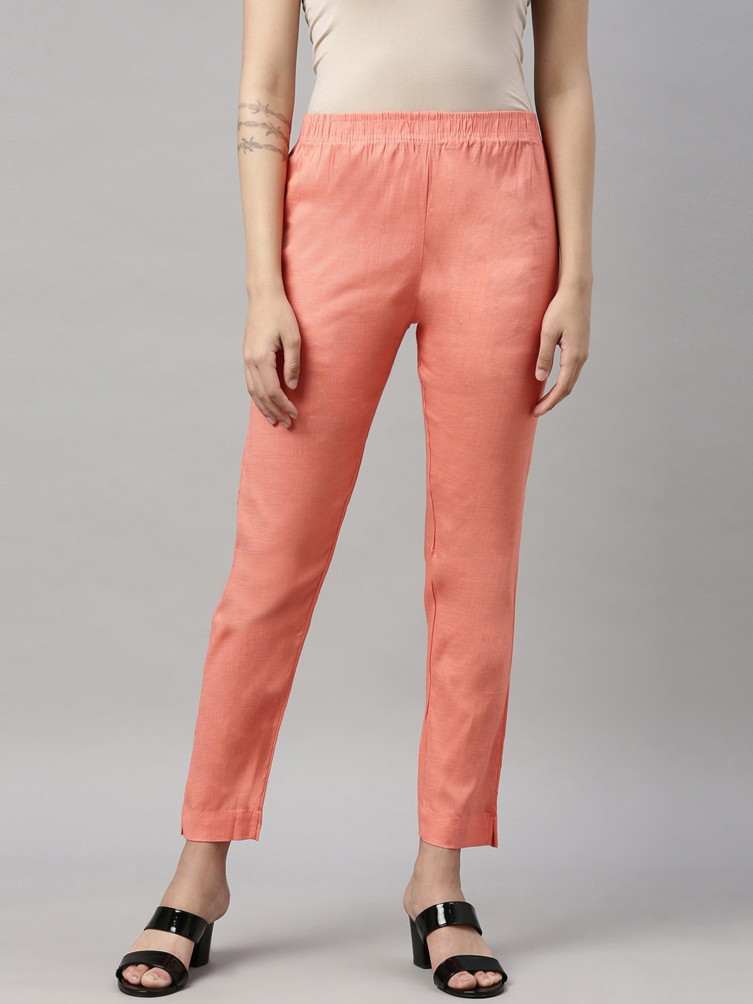 Buy GOLDSTROMS Women Peach Coloured Cigarette Trousers - Trousers for ...