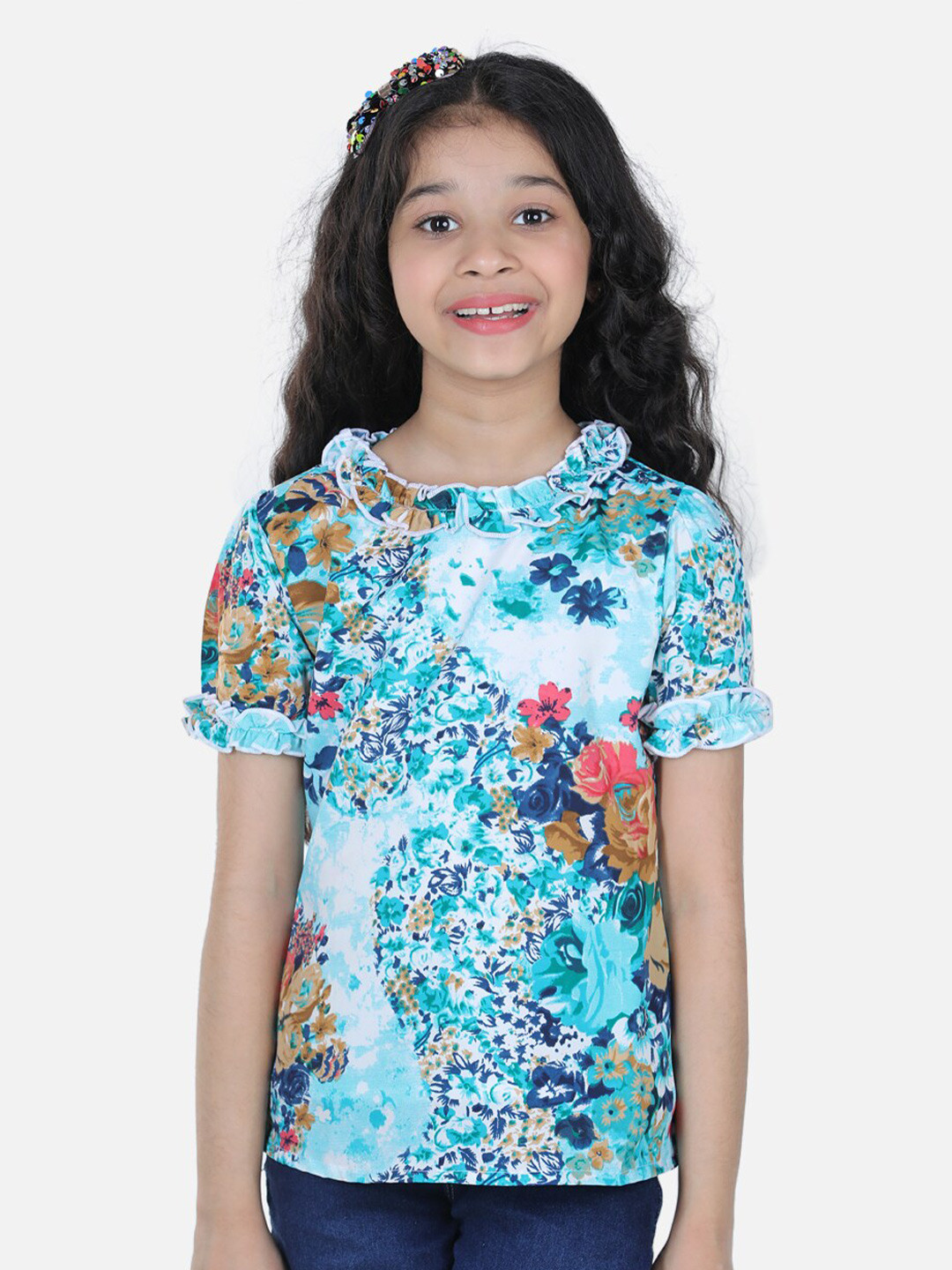 Buy Cutiekins Girls Turquoise Blue Floral Printed Crepe Regular Top ...
