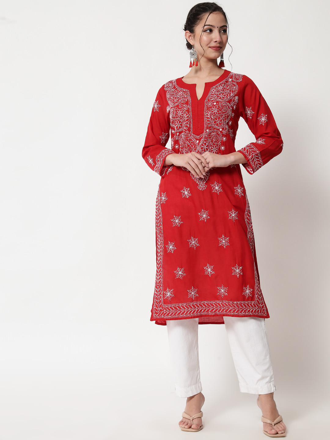 Buy PARAMOUNT CHIKAN Women Red & White Ethnic Motifs Embroidered ...