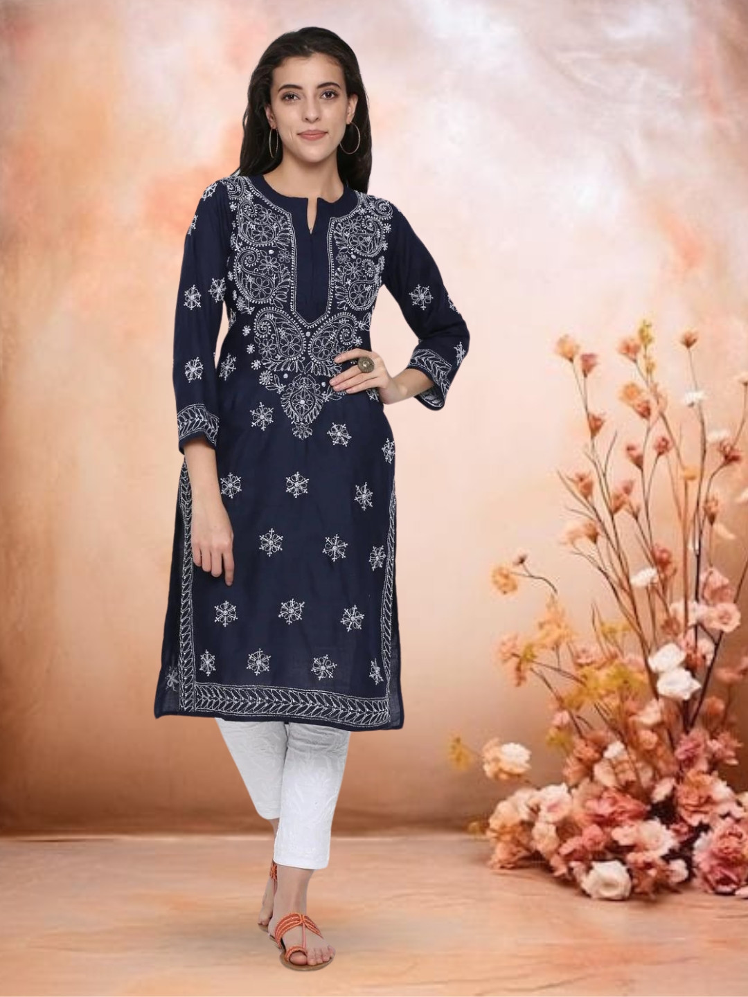 Buy PARAMOUNT CHIKAN Women Navy Blue & White Ethnic Motifs Embroidered ...