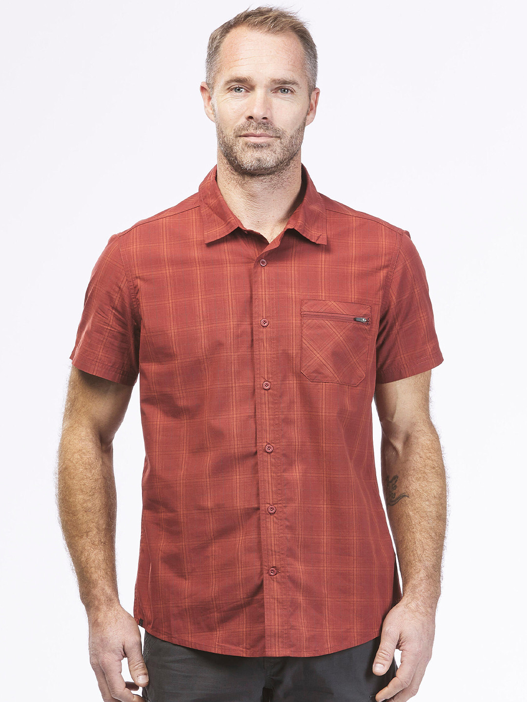 Buy FORCLAZ By Decathlon Men Red Striped Trekking TRAVEL 100 Regular ...