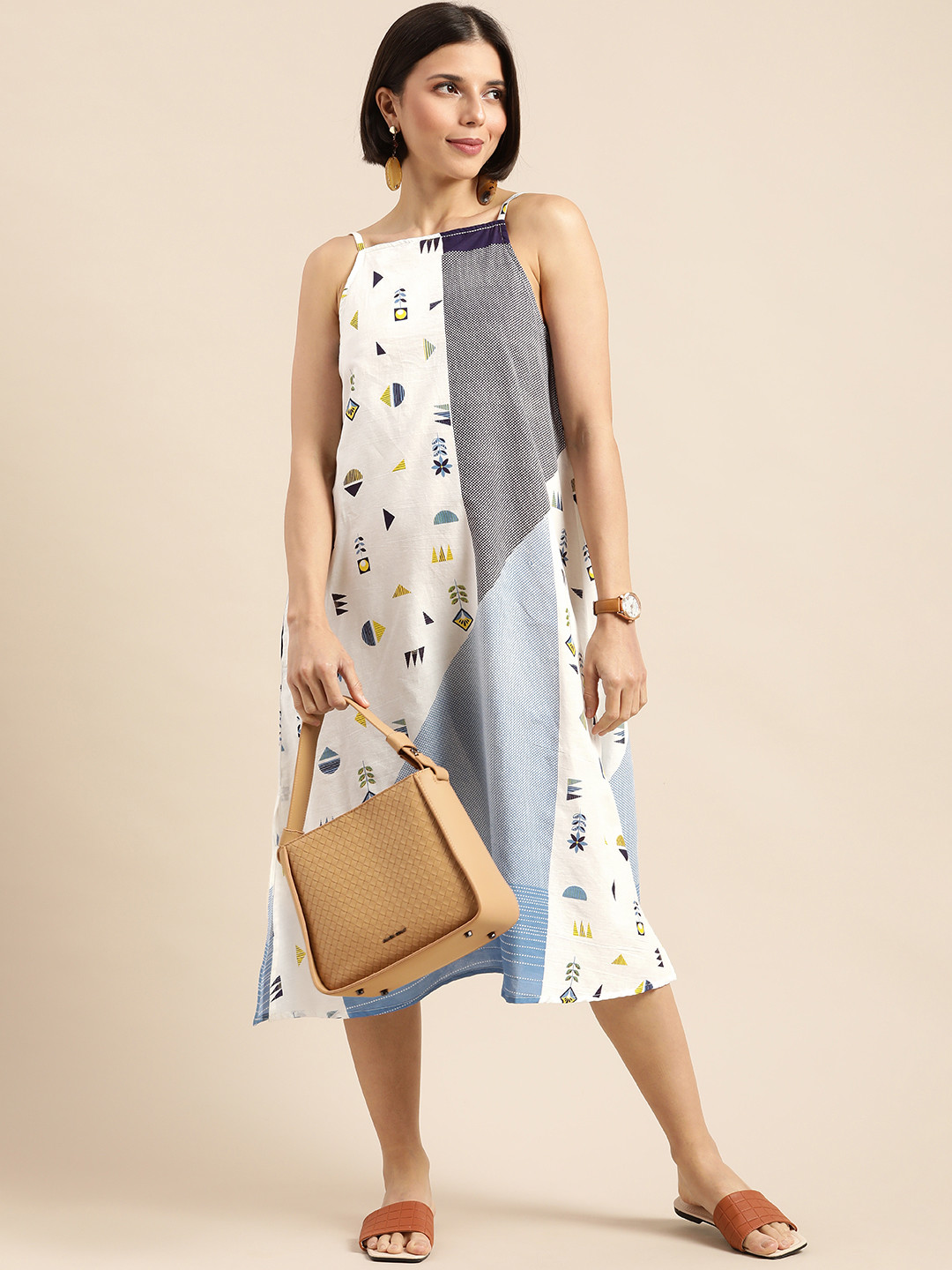 Buy Anouk White & Blue Colourblocked Pure Cotton Ethnic A Line Midi ...