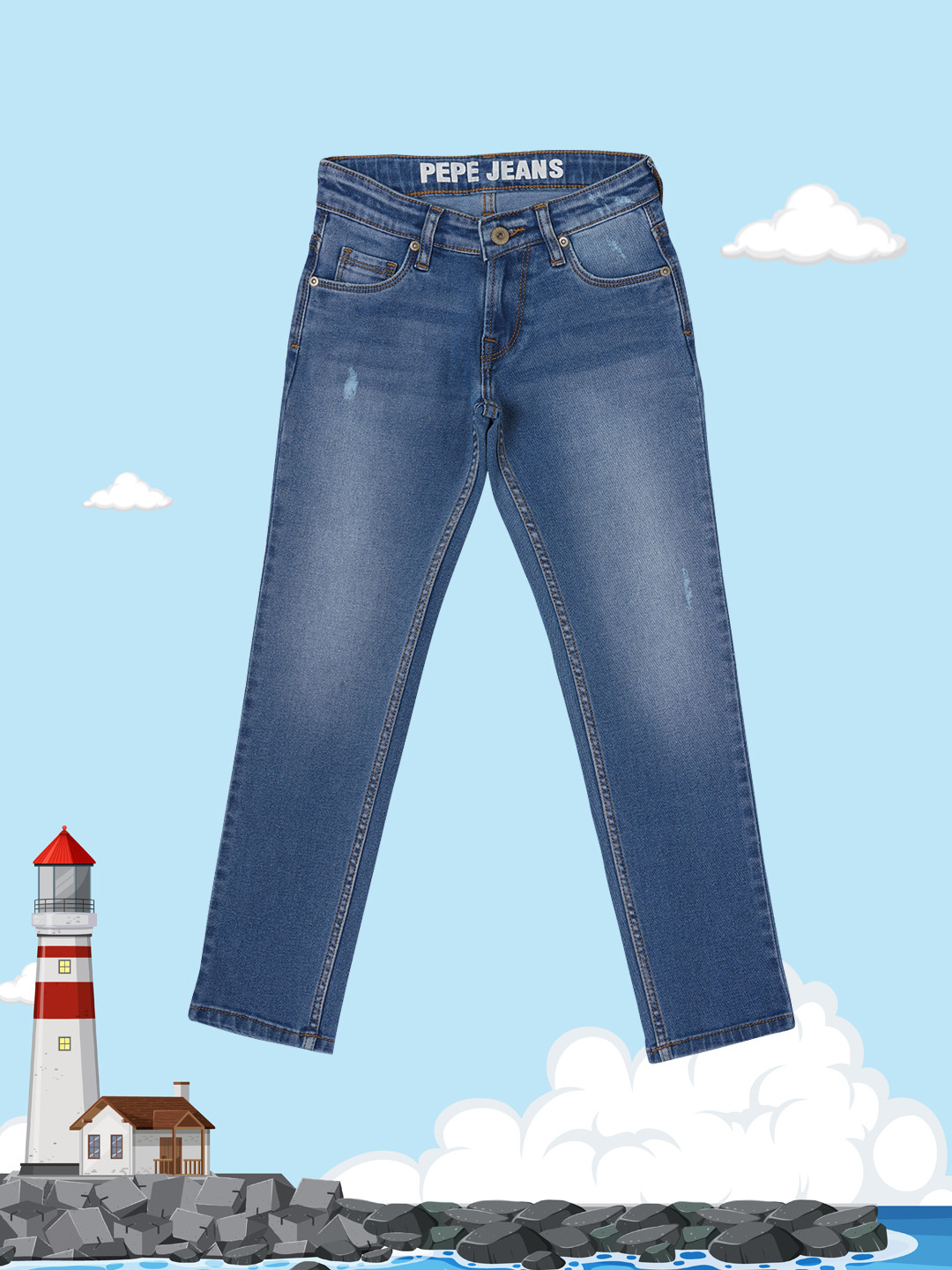 Buy Pepe Jeans Boys Blue Low Distress Light Fade Slim Fit Stretchable ...