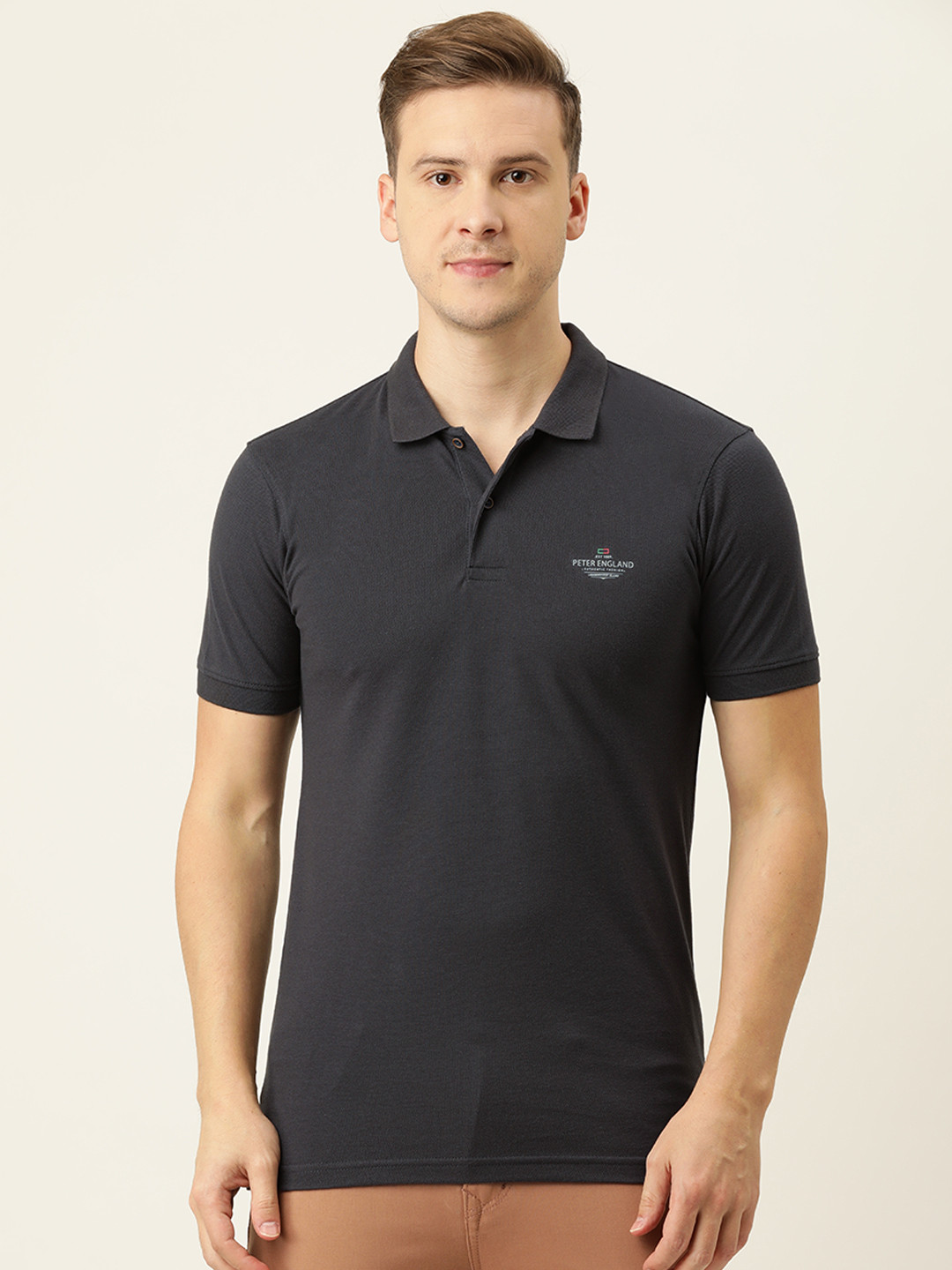 Buy Peter England Men Grey Brand Logo Printed Polo Collar Slim Fit T ...