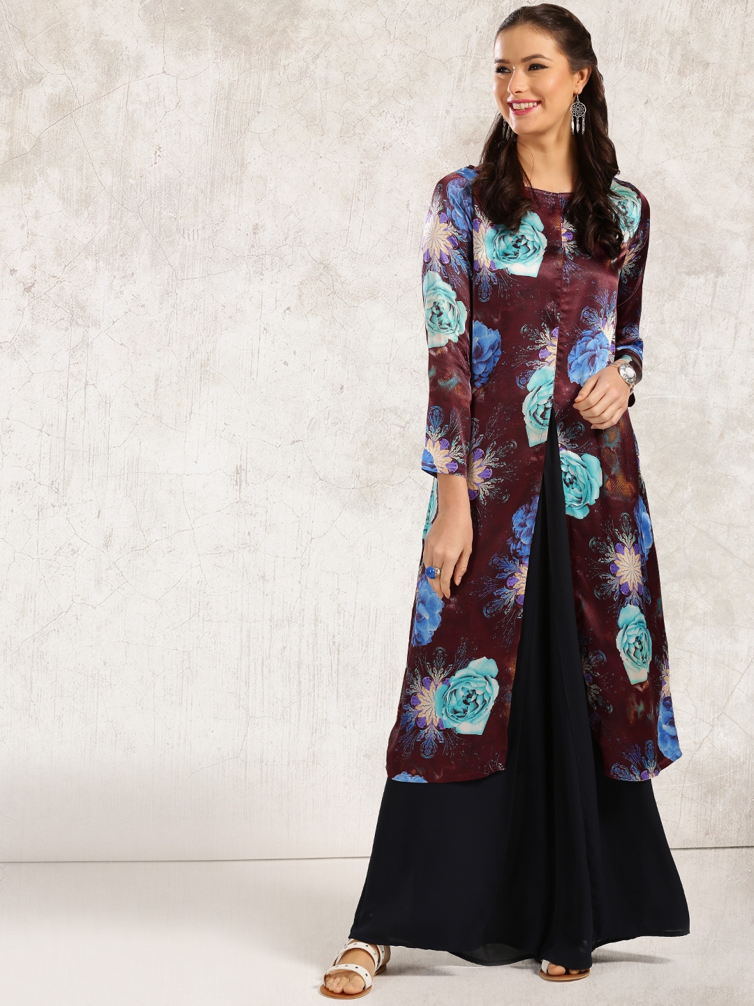 Buy Anouk Women Maroon And Blue Floral Print Straight Kurta Kurtas For