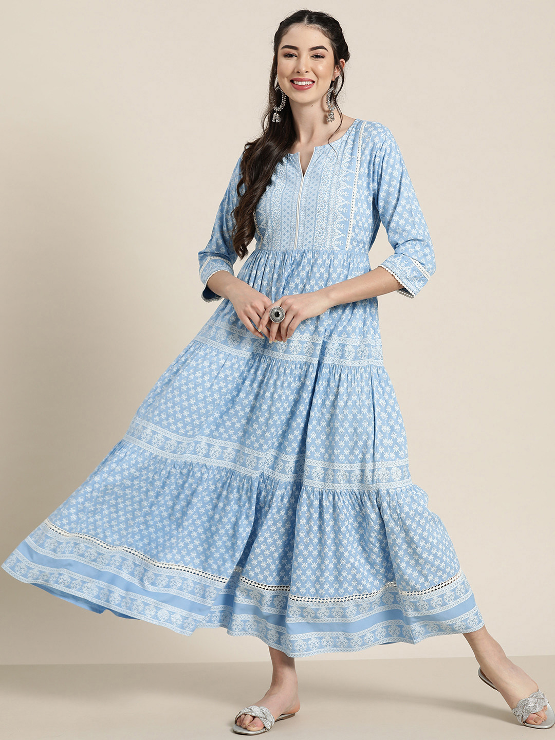 Buy Juniper Women Blue Ethnic Motifs Printed Lace Inserts Maxi Tiered ...