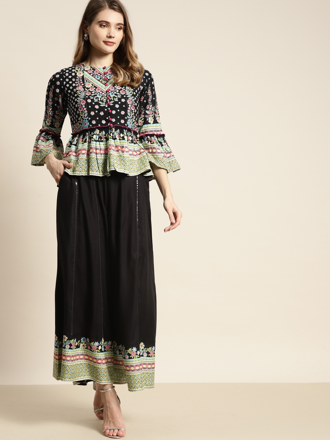 Buy Juniper Women Black And Green Ethnic Motifs Print Sequinned Ruffled