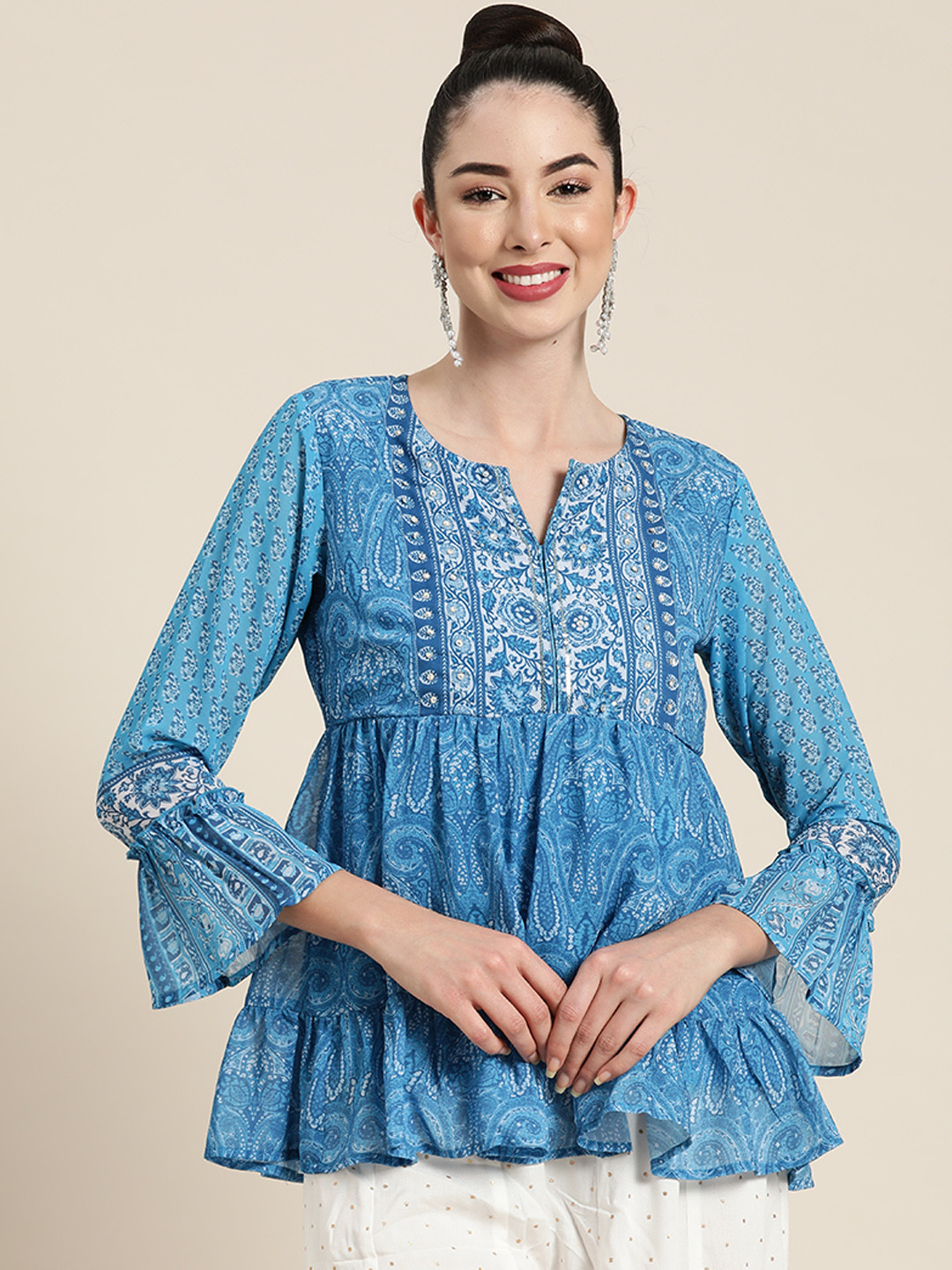 Buy Juniper Women Blue Ethnic Motifs Printed Ruffles Tiered Top - Tops ...