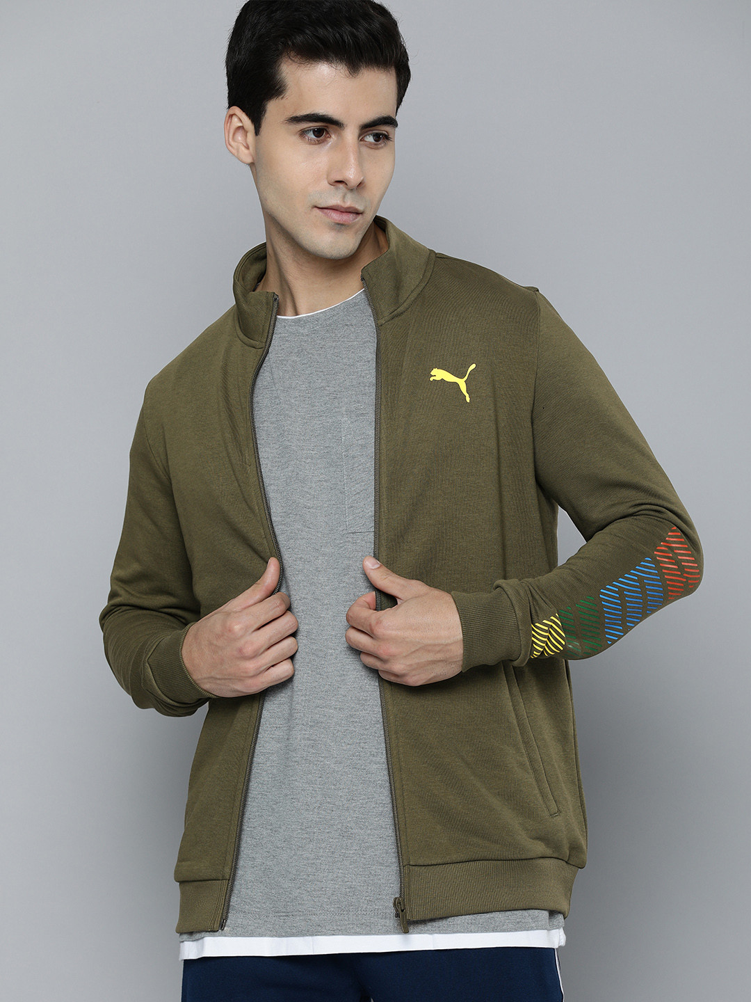 Buy Puma Men Olive Green Brand Logo Printed Knitted Sporty Track Jacket ...