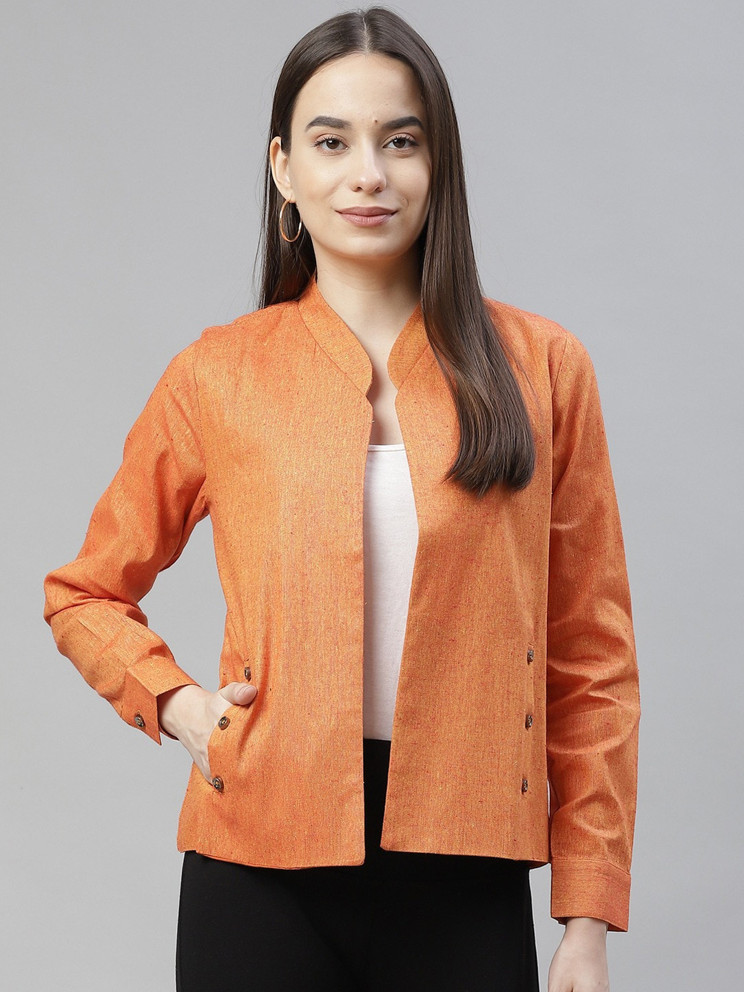 Buy Cottinfab Women Orange Lightweight Cotton Open Front Jacket ...