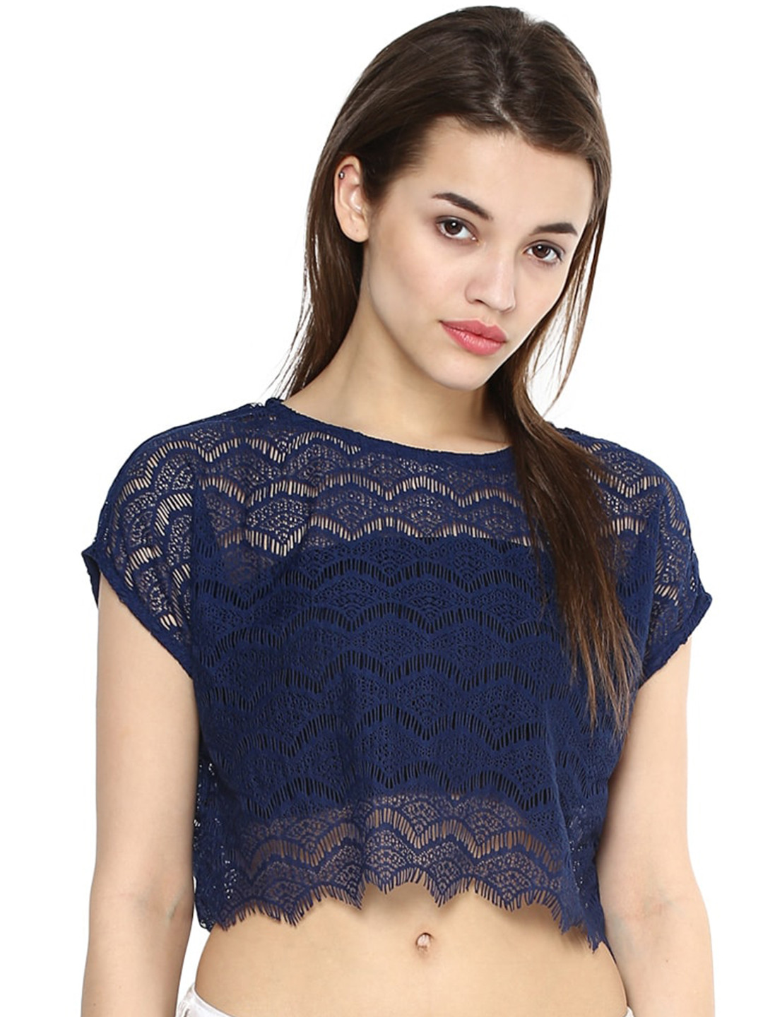 Buy La Zoire Women Navy Blue Extended Sleeves Cotton Crop Top - Tops ...