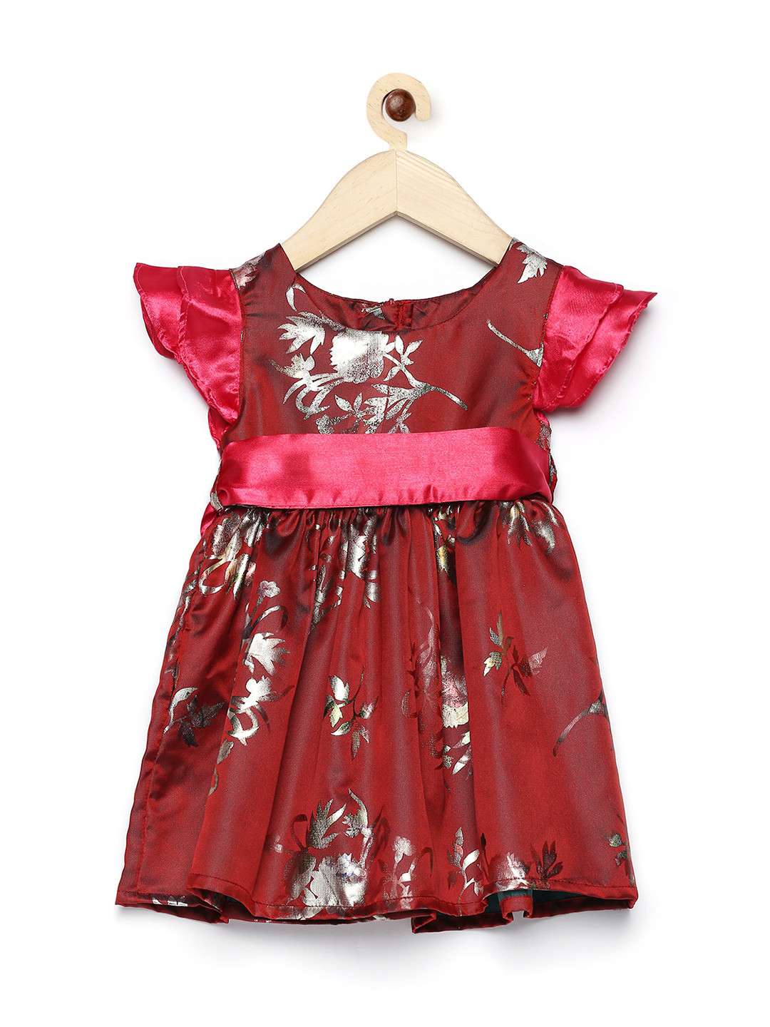 Buy MANY FROCKS & Girls Maroon Floral Satin Fit & Flare Cotton Dress ...