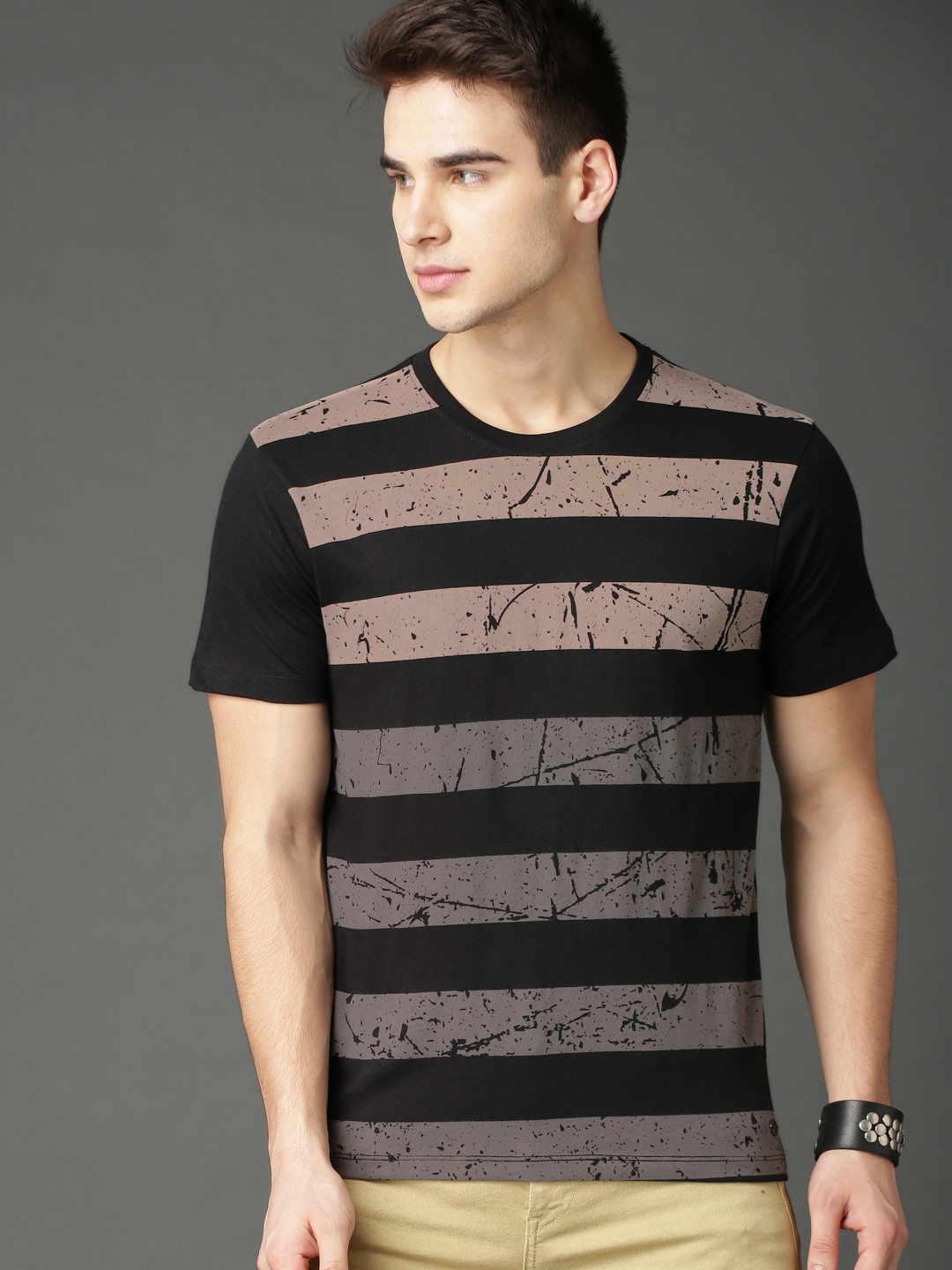 Buy Roadster Men Black Grey Striped Printed Round Neck Pure Cotton T Shirt - Tshirts for Men ...