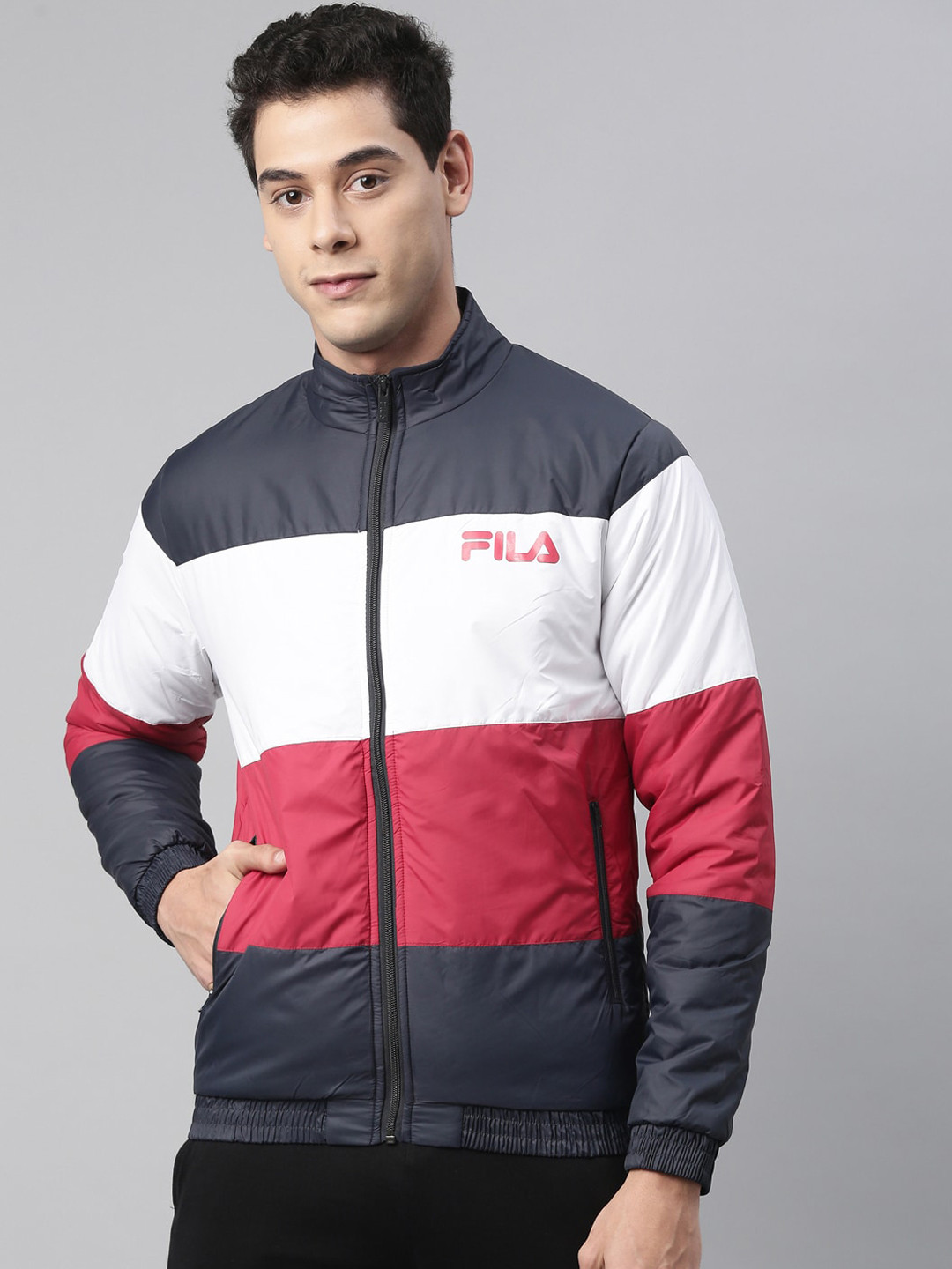 Buy FILA Men Blue Red Colourblocked Running Padded Jacket - Jackets for ...