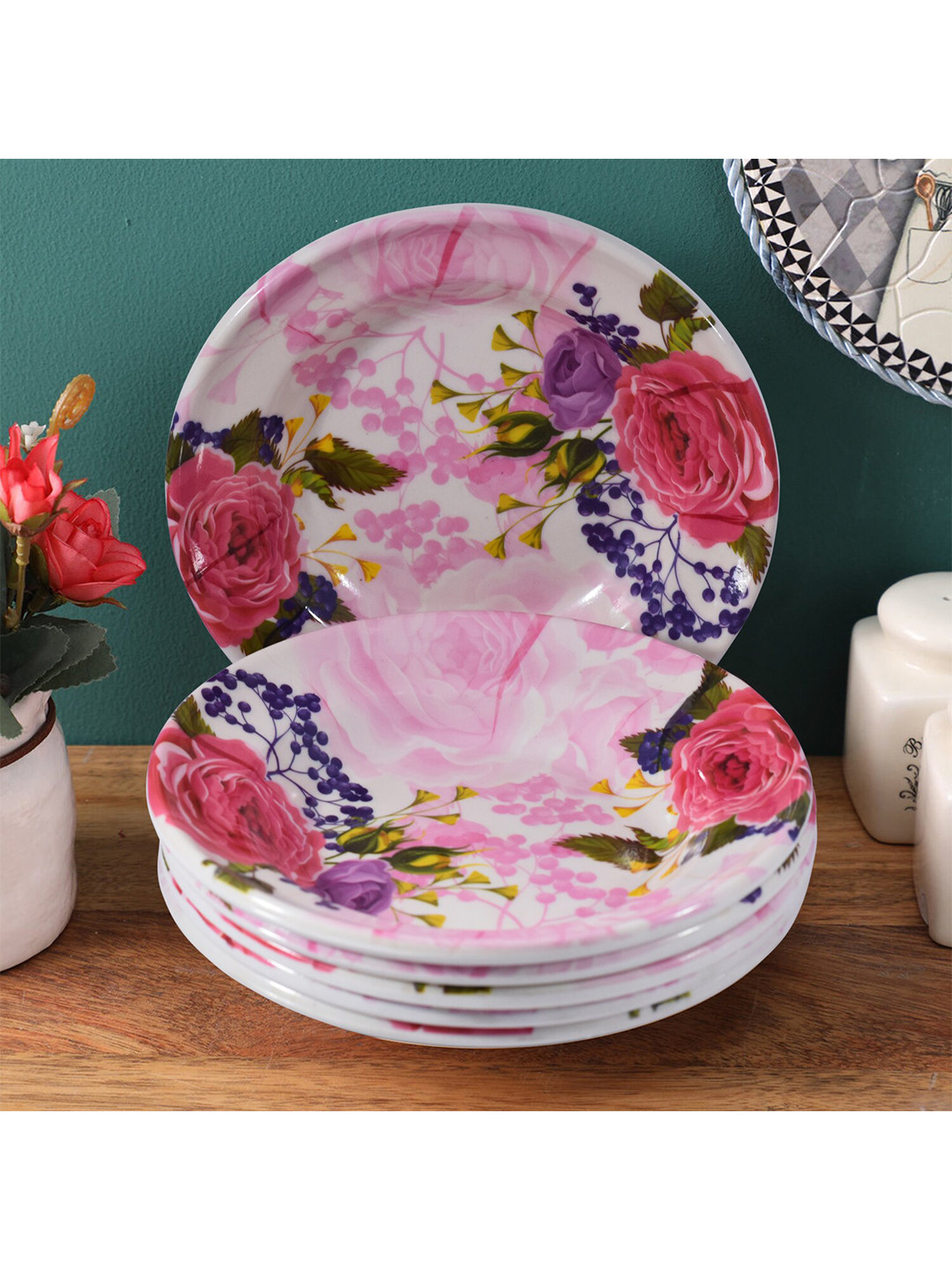 Buy Gallery99 Pink Set Of 6 Floral Printed Melamine Quarter Serving ...