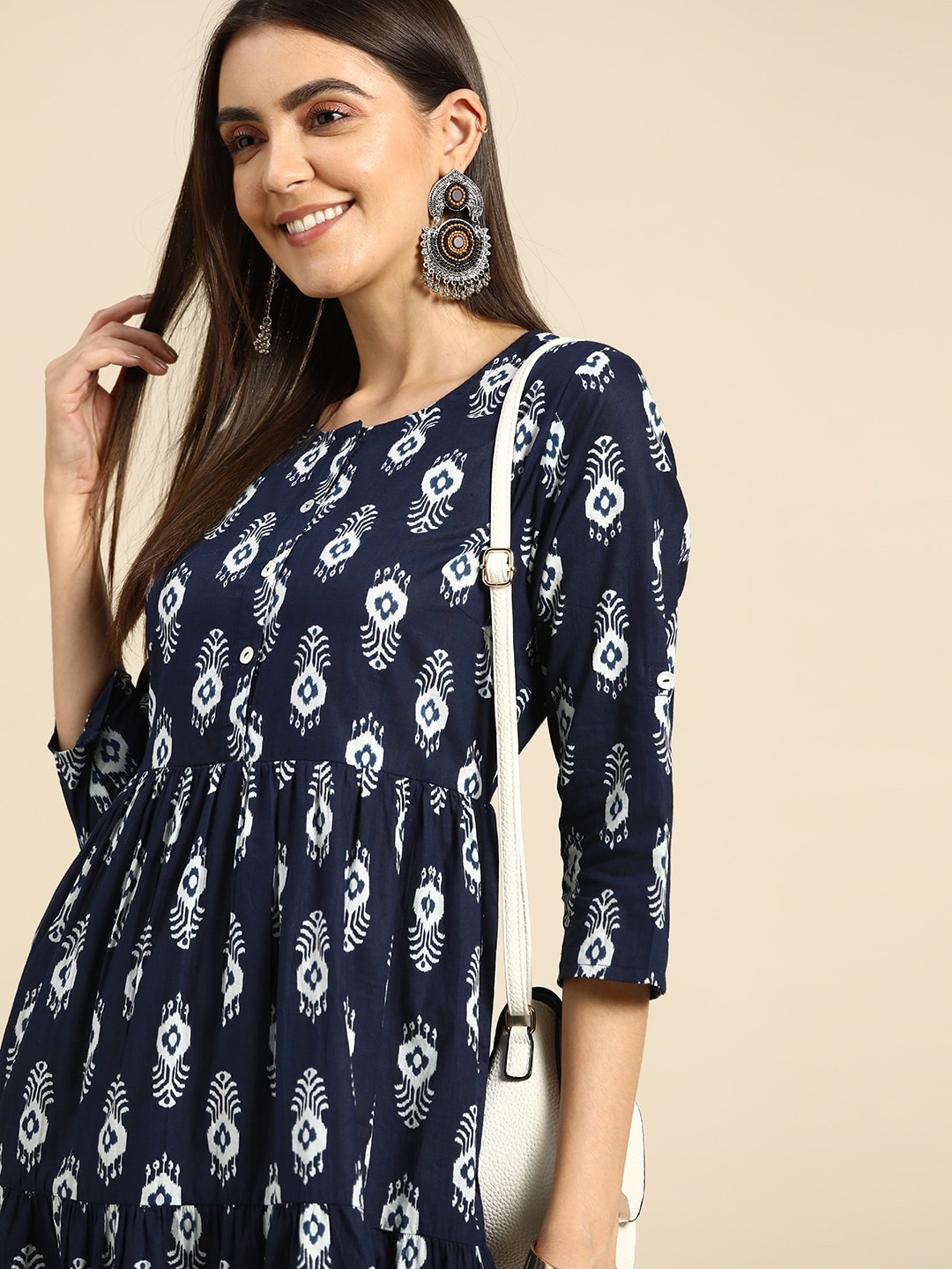 Buy Anouk Women Navy Blue & White Ethnic Motifs Pure Cotton A Line Midi ... Buy Anouk Women Navy Blue & White Ethnic Motifs Pure Cotton A Line Midi ...