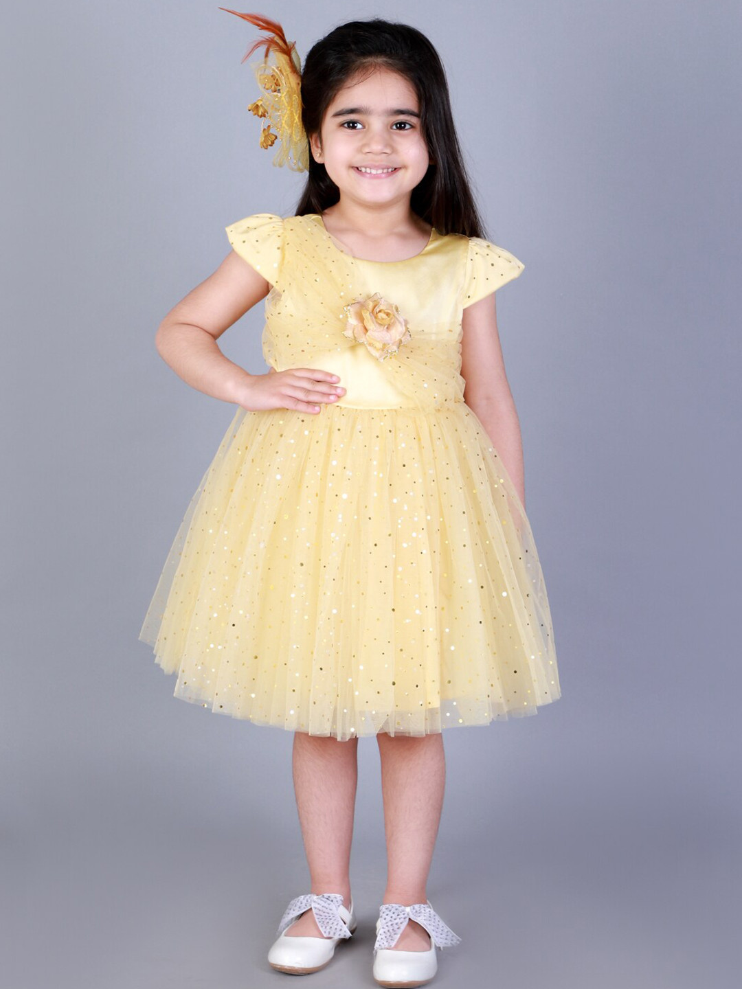 Buy LIL DRAMA Girls Yellow Embellished Net Dress - Dresses for Girls ...