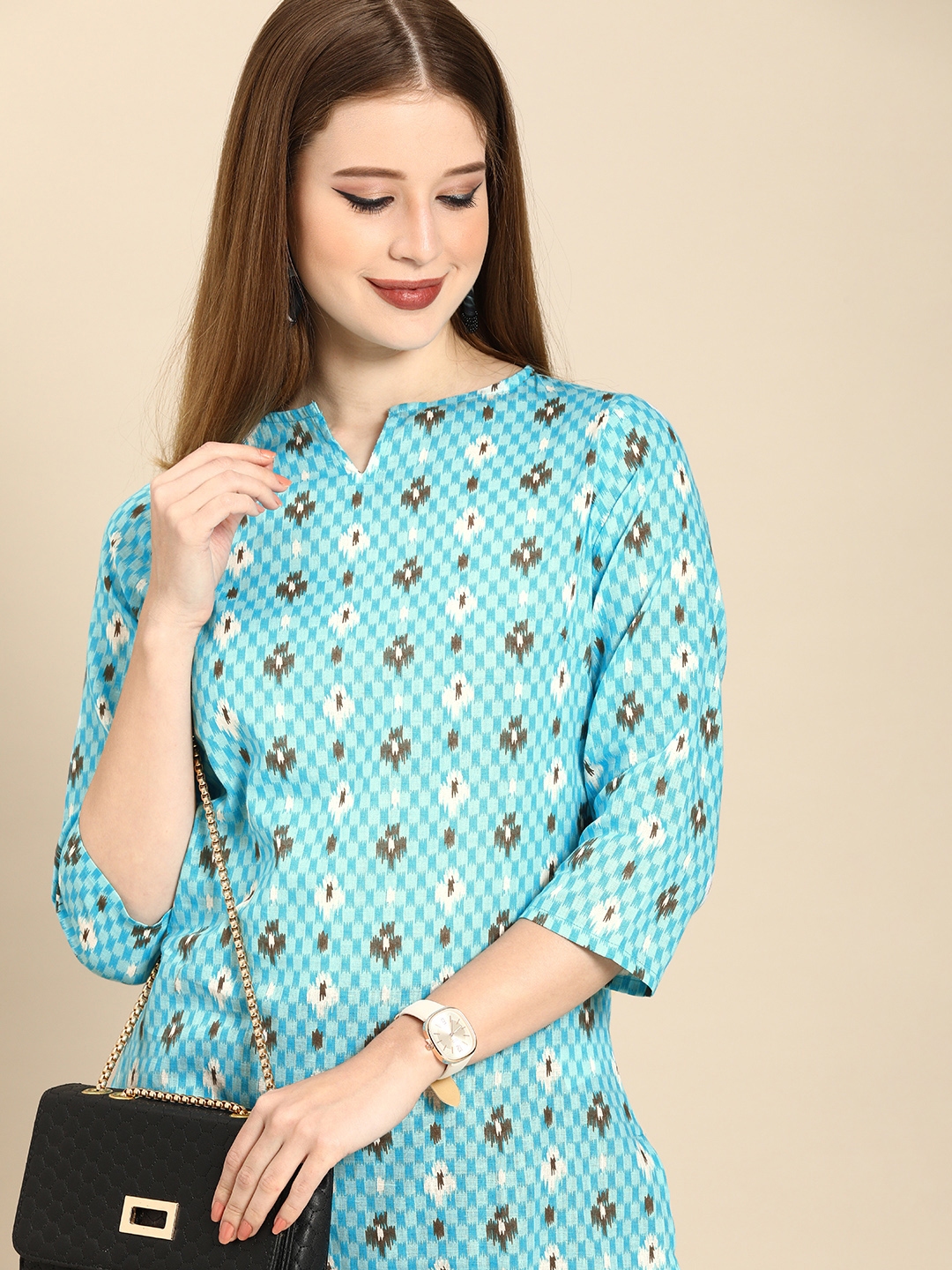Buy Anouk Women Blue Geometric Printed Pure Cotton Kurta Kurtas For