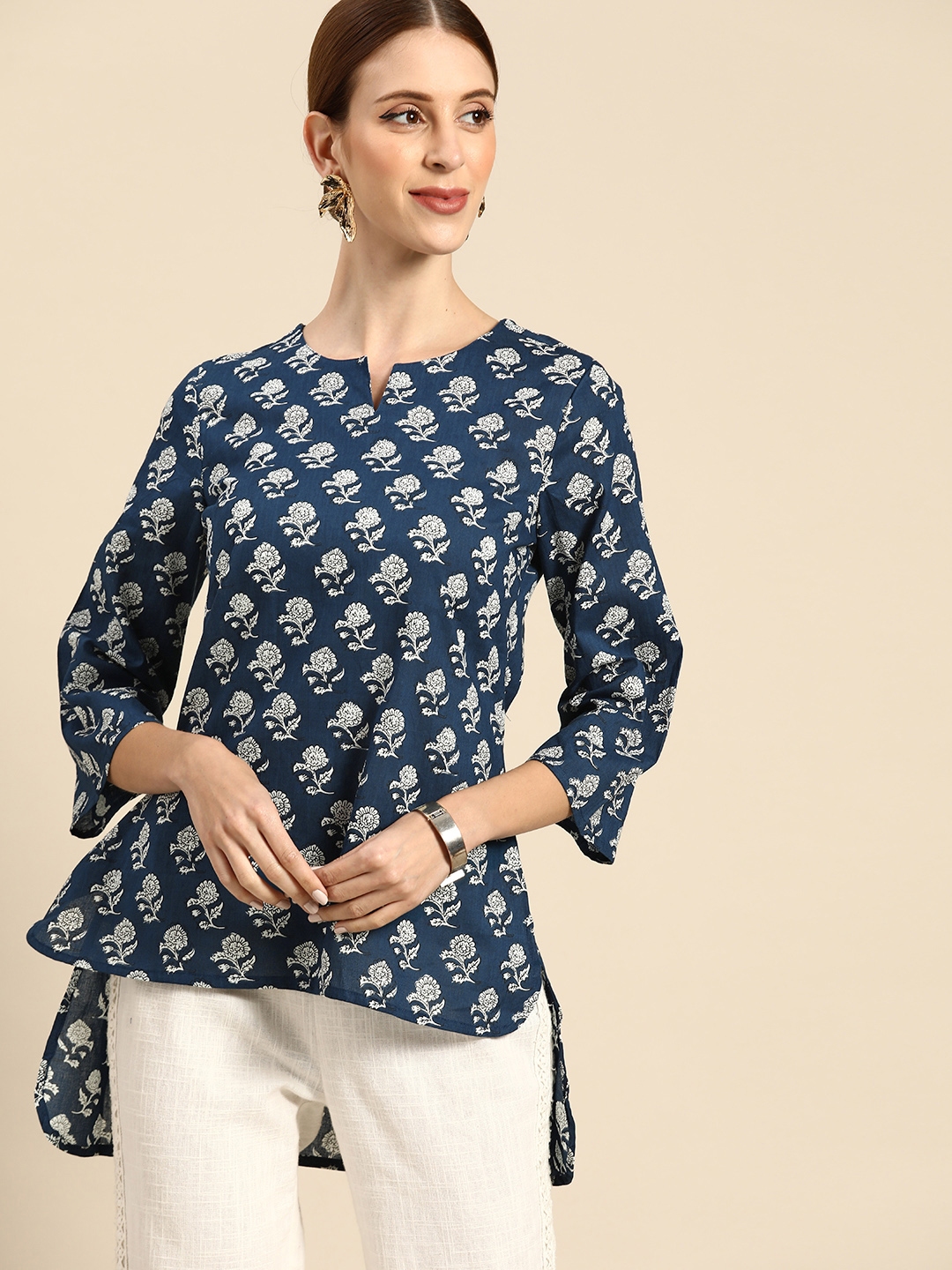 Buy Anouk Navy Blue And White Pure Cotton Floral Printed Kurti Kurtis