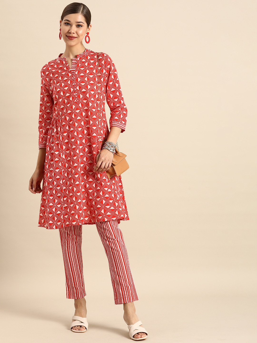 Buy Anouk Women Orange Printed Pure Cotton Kurta With Trousers - Kurta ...